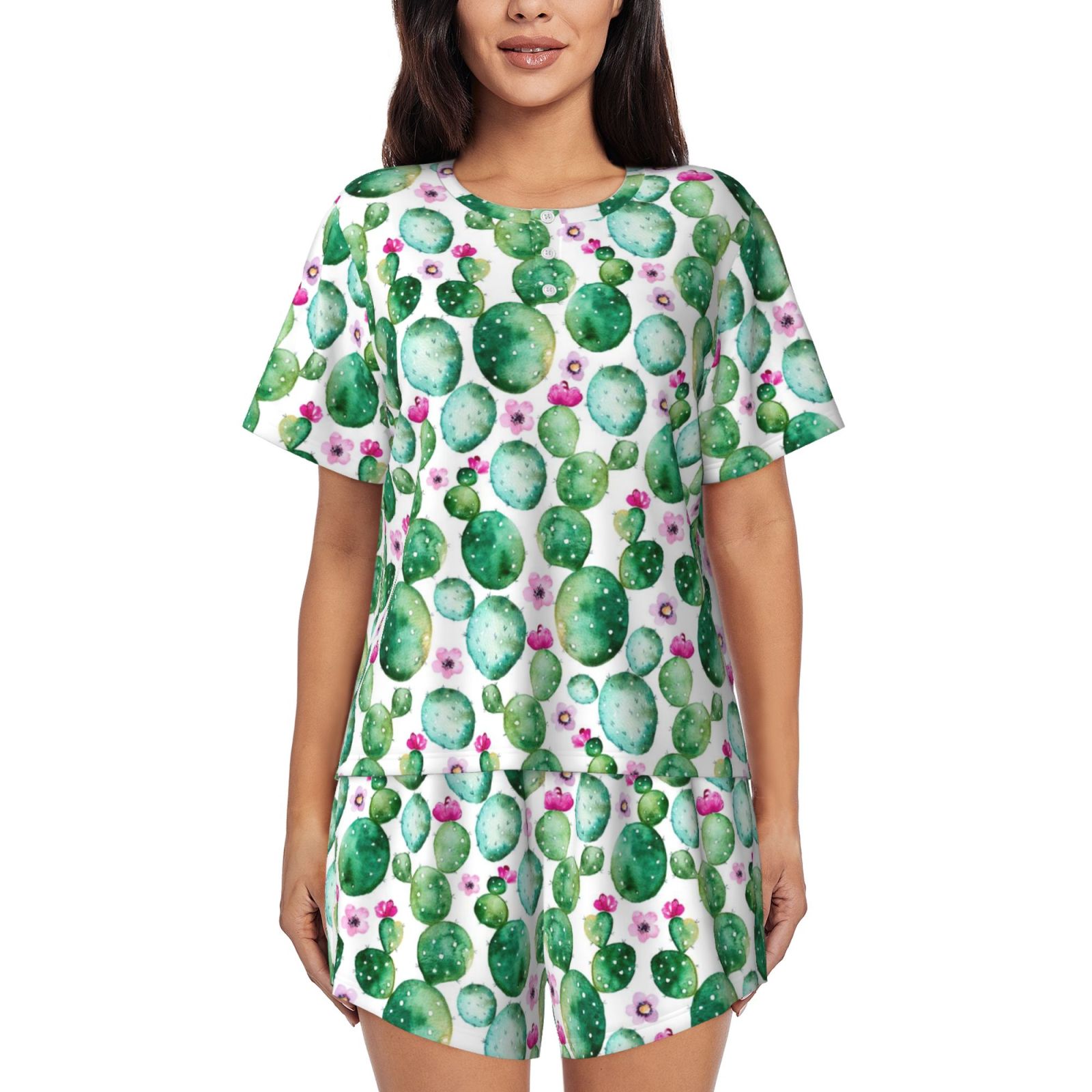 Daiia Cactus Plants Pattern Womens Pajama Sets Short Sleeve Pajamas for ...