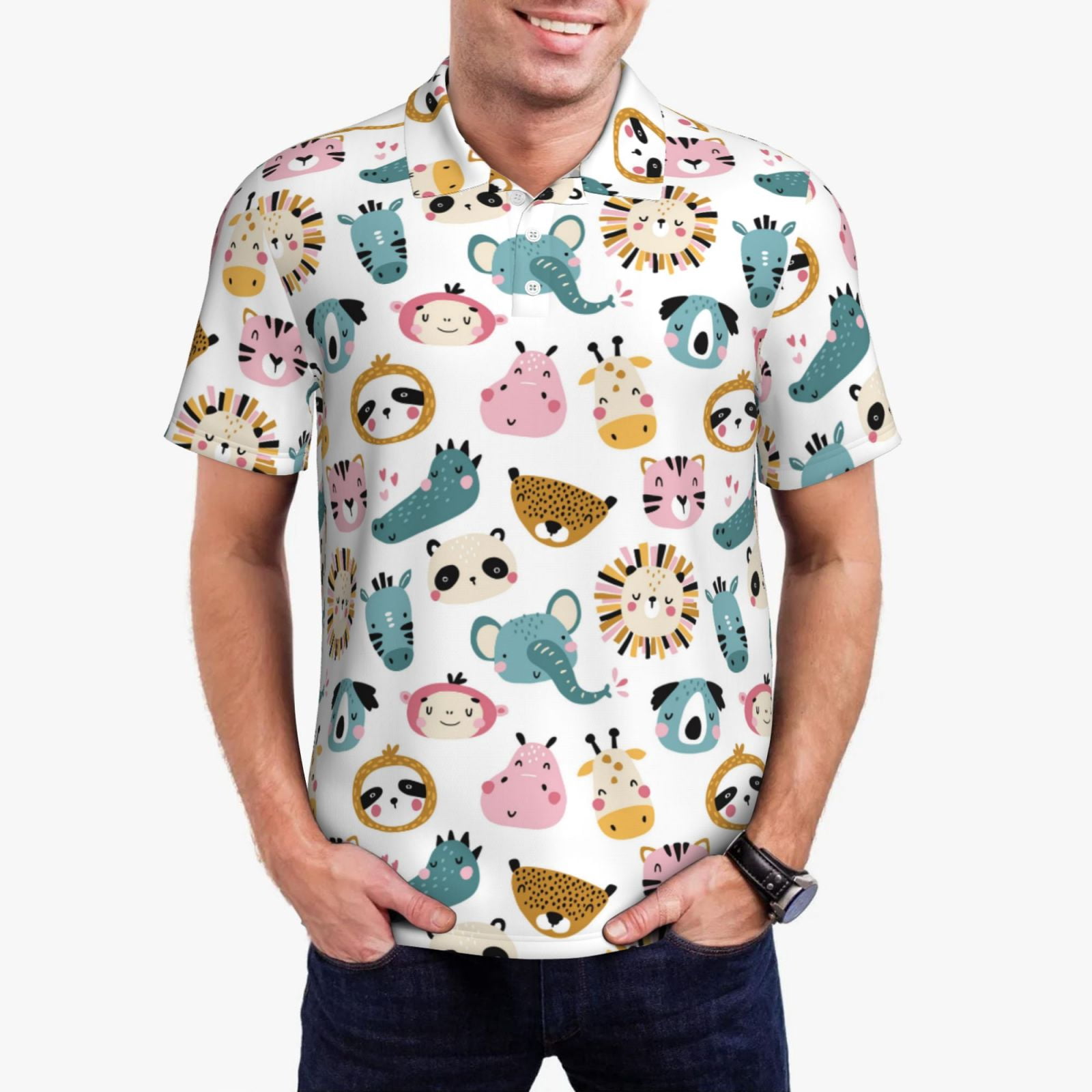Daiia Cartoon Animals Pattern Men’s Polo Shirts,Solid Deck Shirt ...