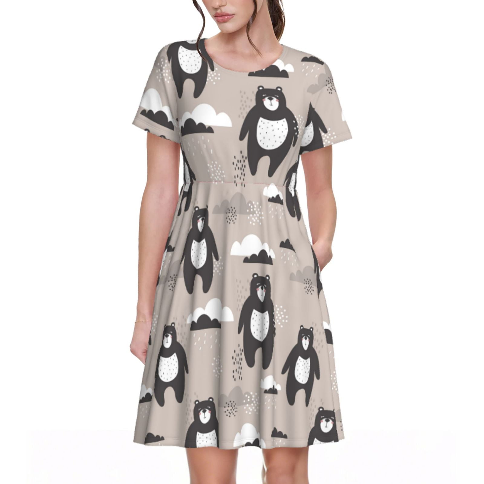 Daiia Cartoon Bear Brown Print Women's Dresses 2025 Trendy Short sleeve ...