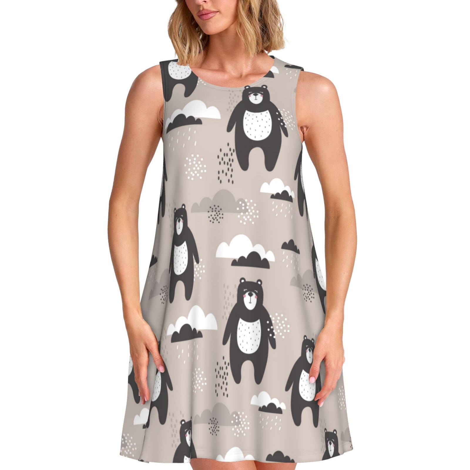 Daiia Cartoon Bear Brown Print Women's Dresses 2025 Trendy Short sleeve ...