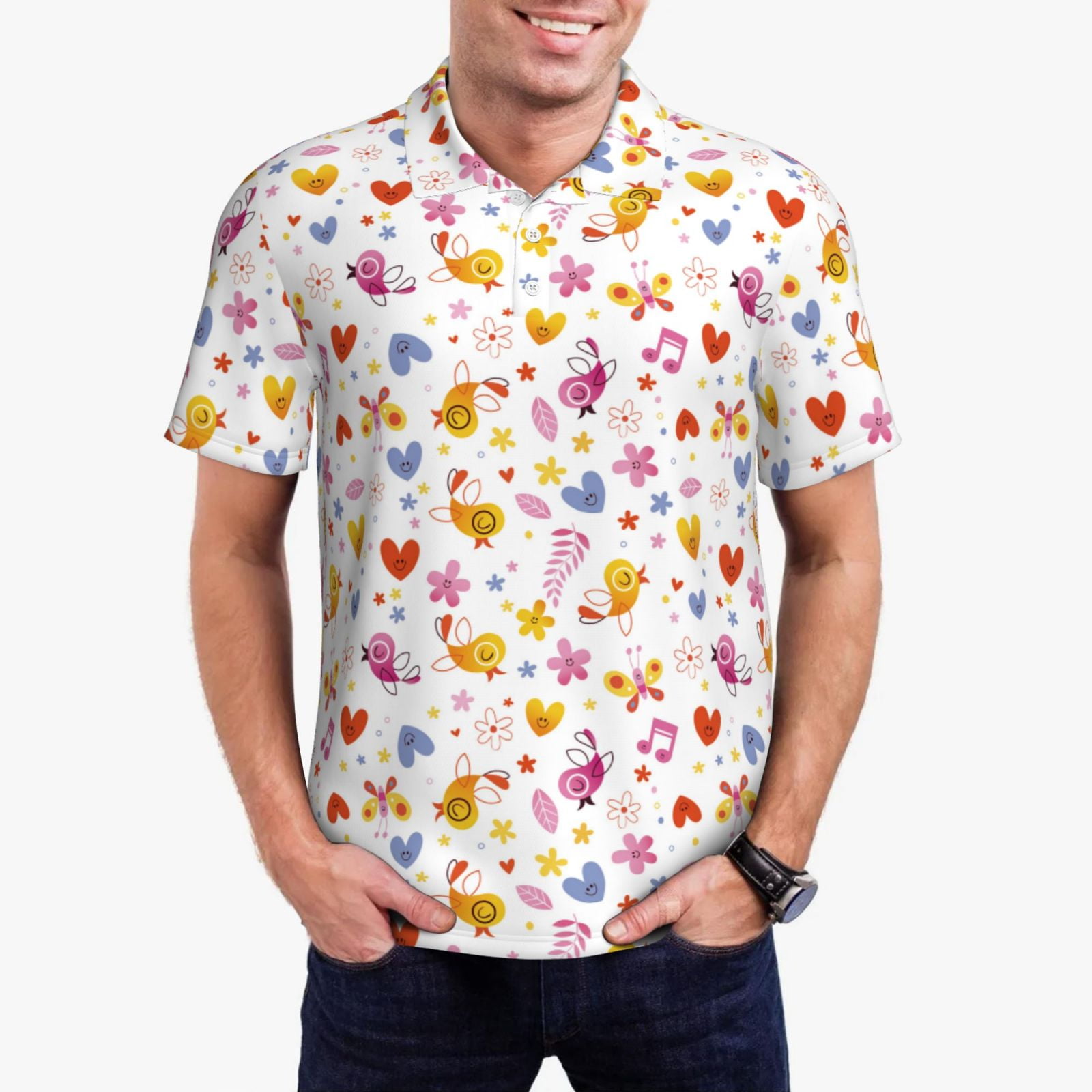 Daiia Cartoon Birds & Flowers Pattern Men’s Polo Shirts,Solid Deck ...