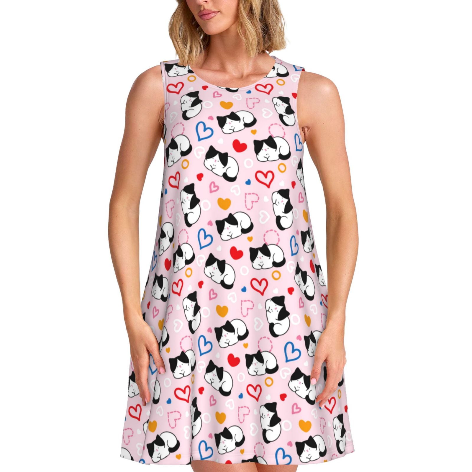 Daiia Cartoon Cat And Heart Print Women's Dresses 2025 Trendy Short ...