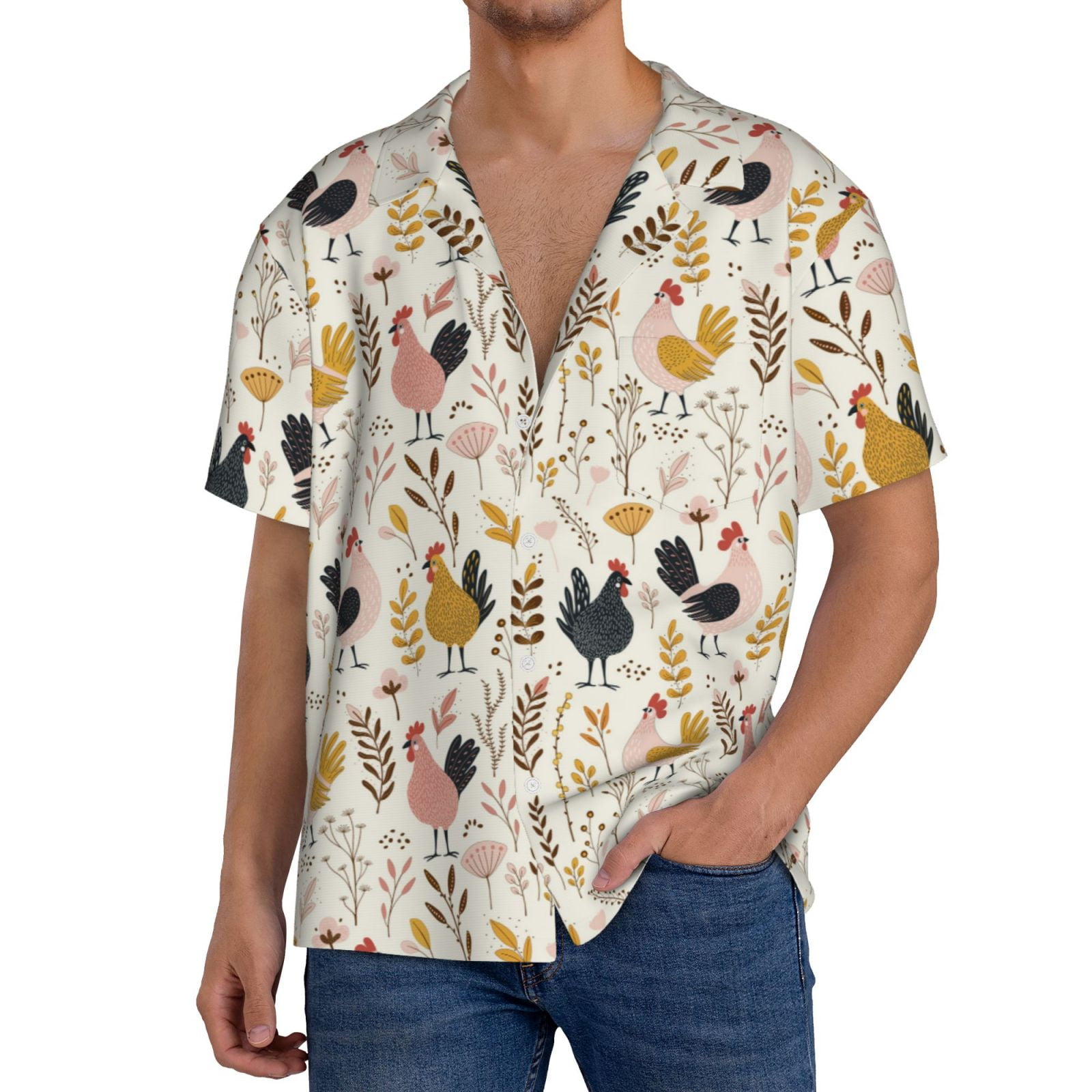 Daiia Cartoon Chickens Men's Linen Shirts Short Sleeve Casual Shirts ...