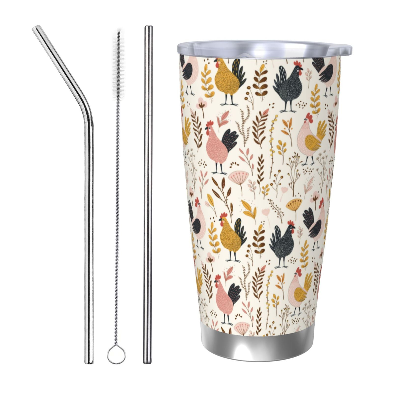 Daiia Cartoon Chickens Printed 20oz Insulated Coffee Cup with Straw ...