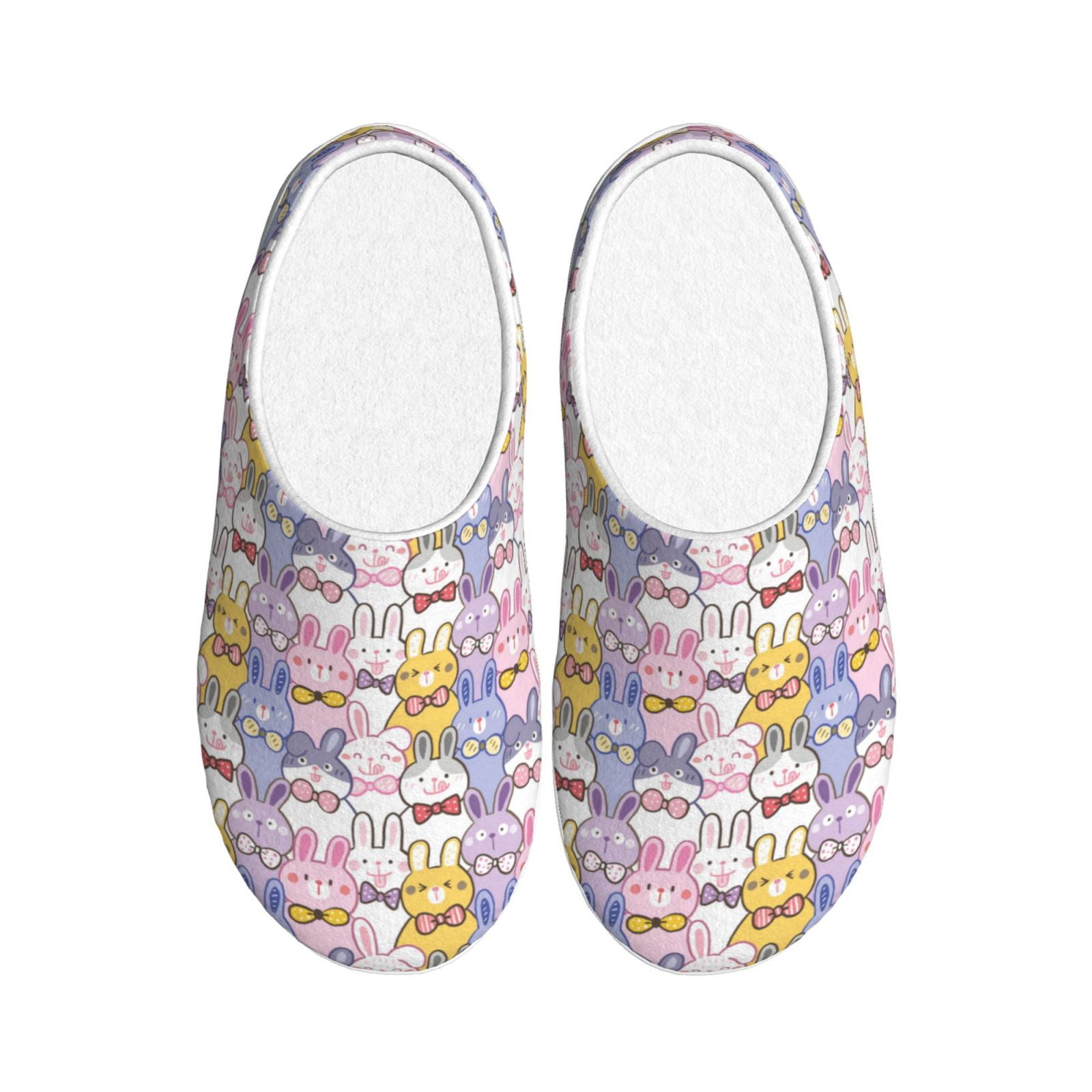 Daiia Cartoon Colorful Rabbit Print Women’s Fuzzy Slippers Memory Foam ...