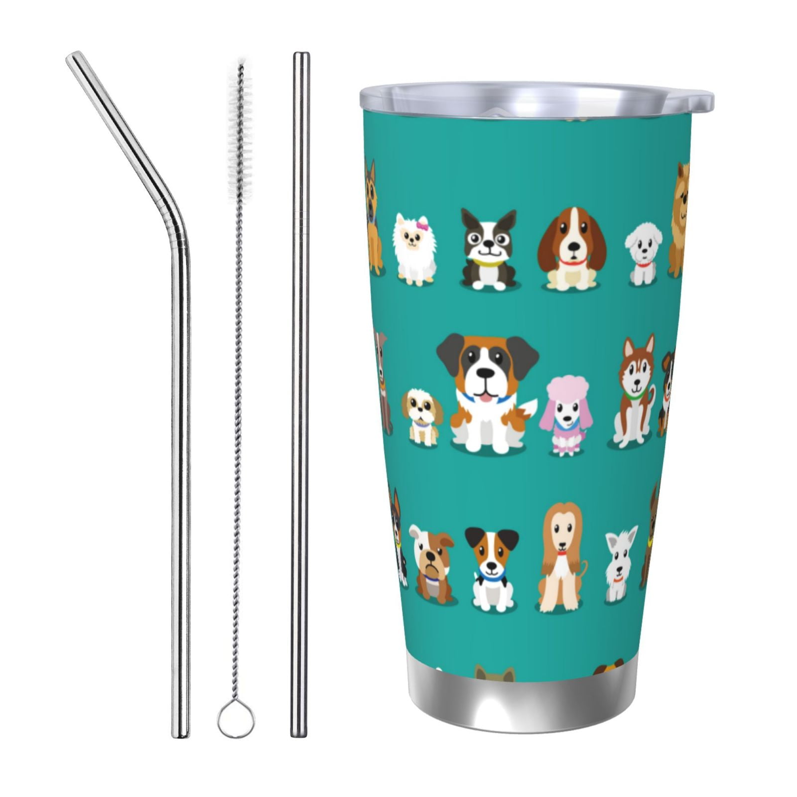 Daiia Cartoon Dogs Printed 20oz Insulated Coffee Cup with Straw Topper ...
