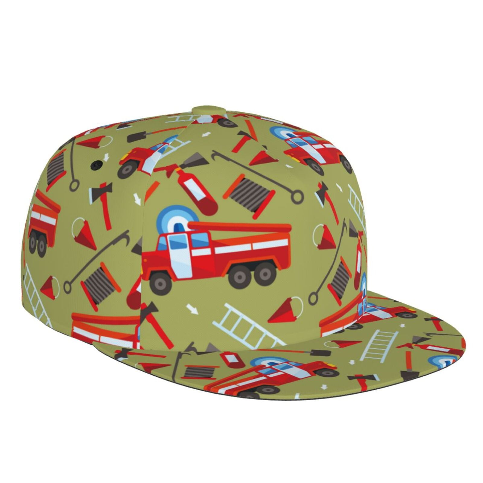 Daiia Cartoon Fire Truck print Flat Bill Hats Flat Brim Trucker Cap ...