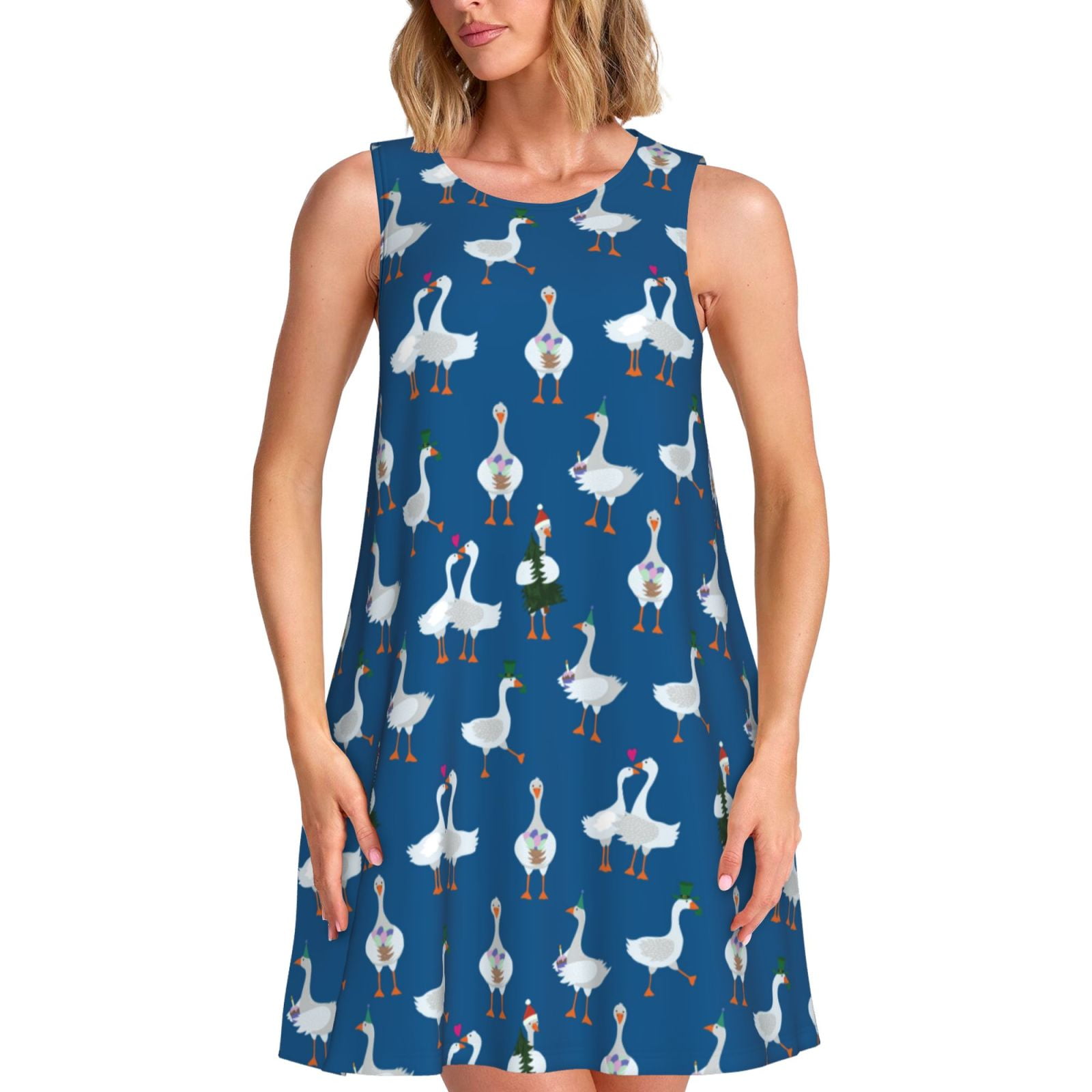 Daiia Cartoon Geese With Xmas Print Women's Dresses 2025 Trendy Short ...