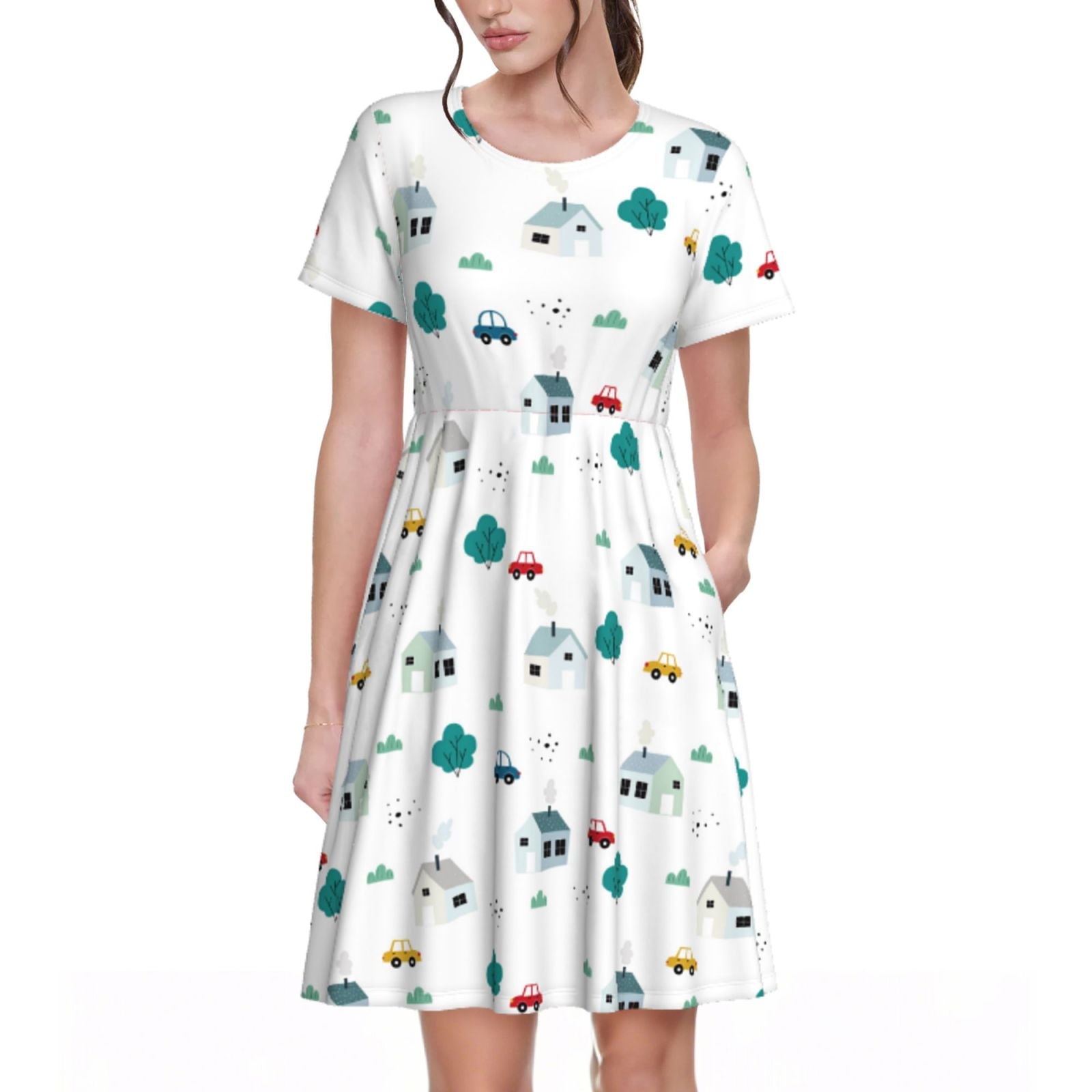 Daiia Cartoon House Car Print Women's Dresses 2025 Trendy Short sleeve ...
