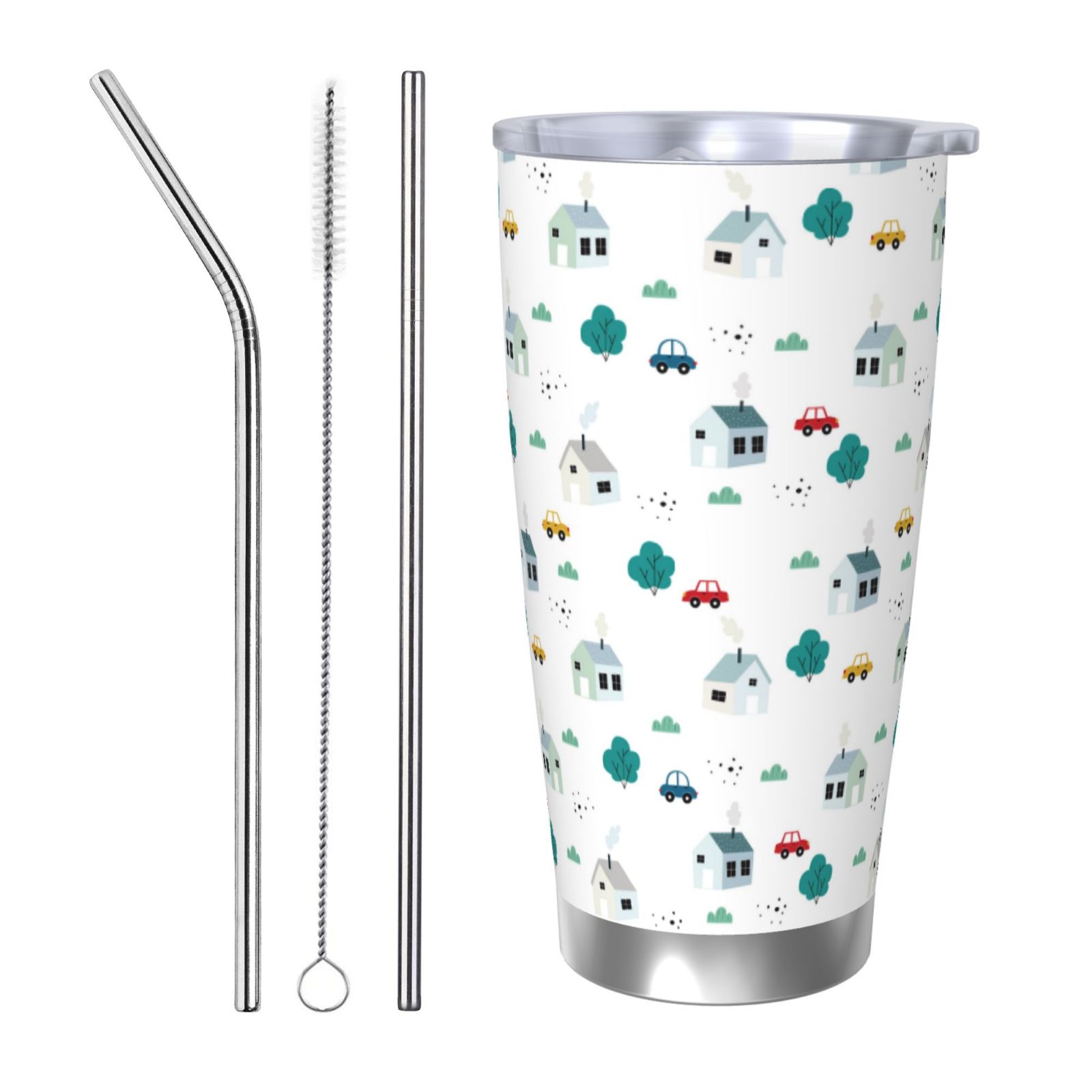 Daiia Cartoon House Car Printed 20oz Insulated Coffee Cup with Straw ...