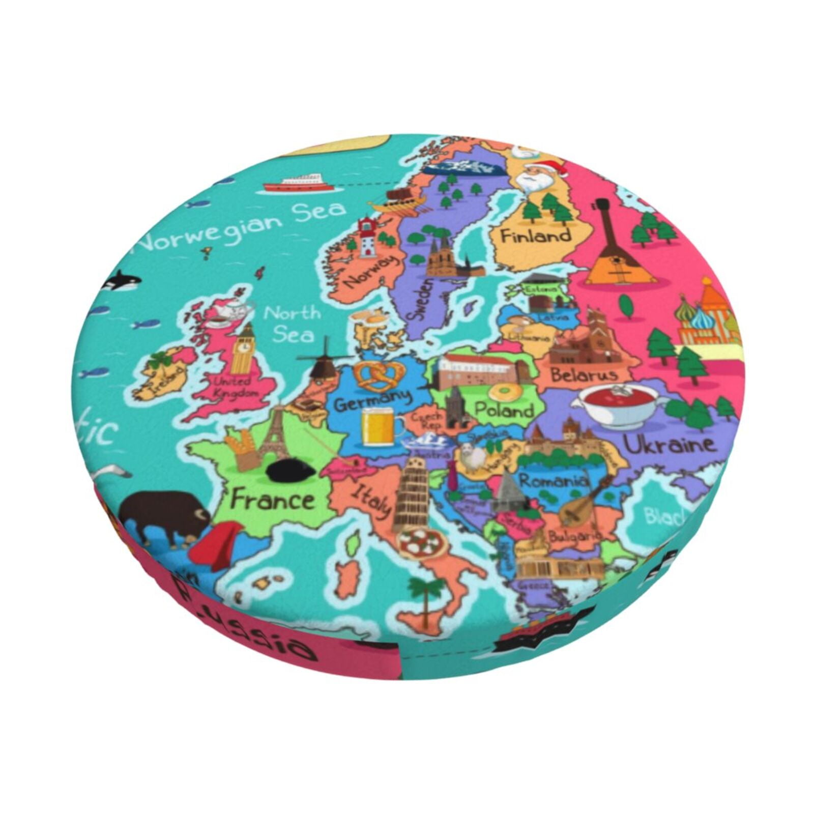 Daiia Cartoon Map Of Europe Cushion Washable Bar Chair Seat Cover Bar ...