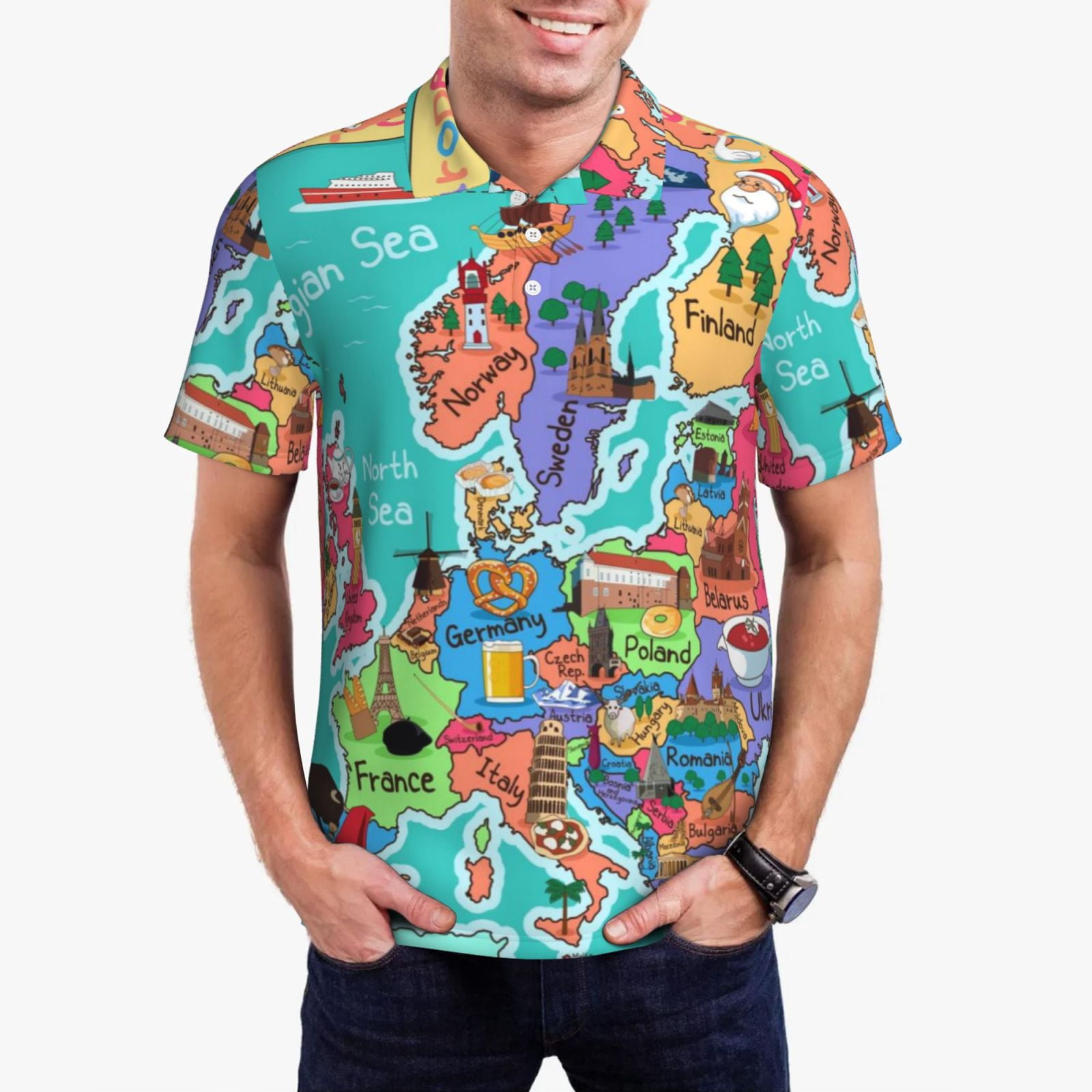 Daiia Cartoon Map Of Europe Pattern Men’s Polo Shirts,Solid Deck Shirt ...
