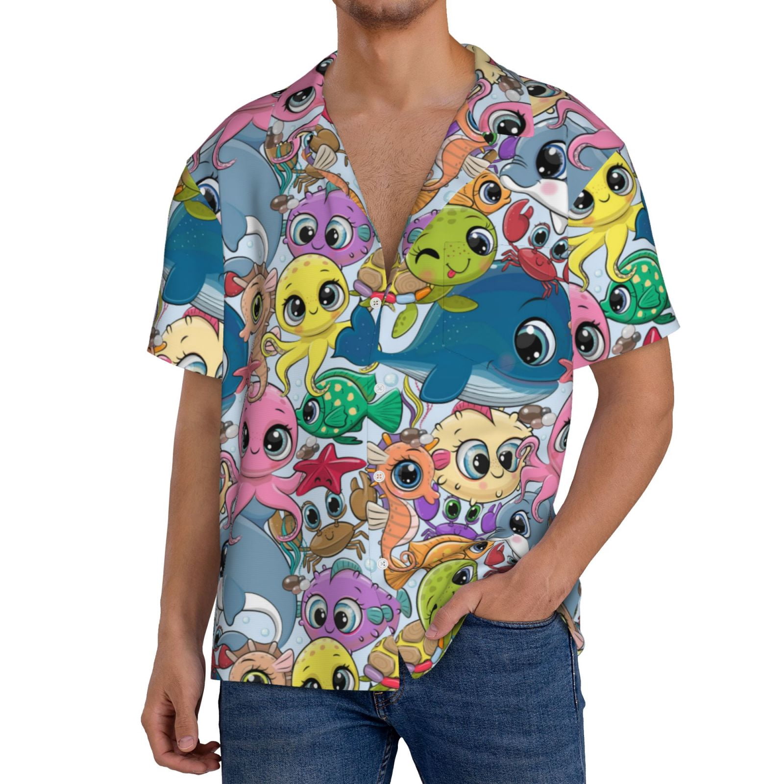 Daiia Cartoon Marine Animals Men's Linen Shirts Short Sleeve Casual ...