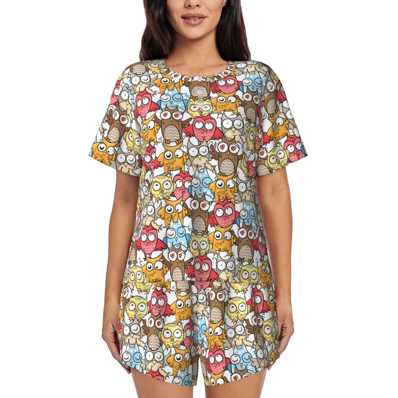 Daiia Cartoon Owls 1 Pattern Womens Pajama Sets Short Sleeve Pajamas ...