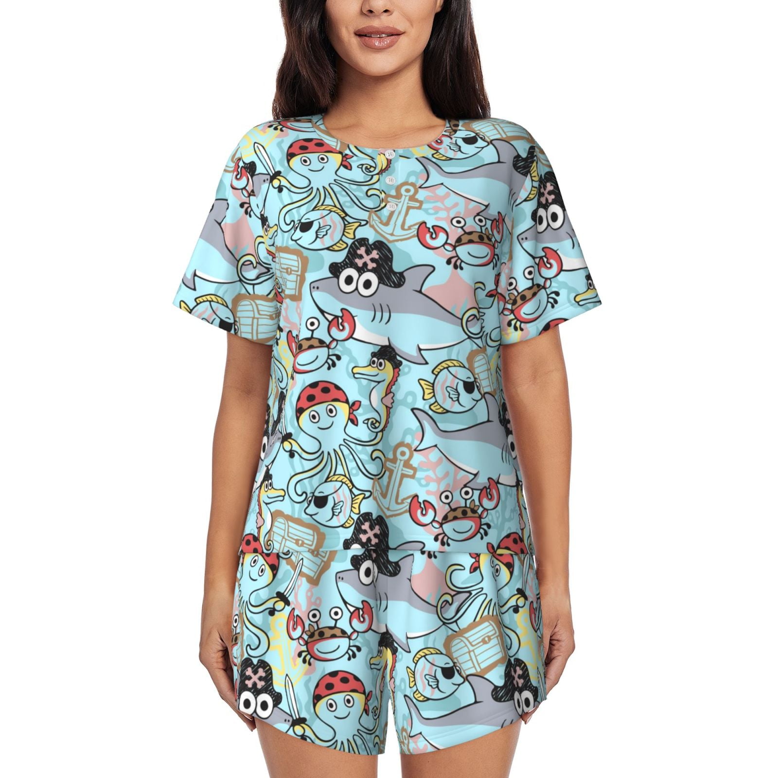 Daiia Cartoon Pirate Pattern Womens Pajama Sets Short Sleeve Pajamas ...
