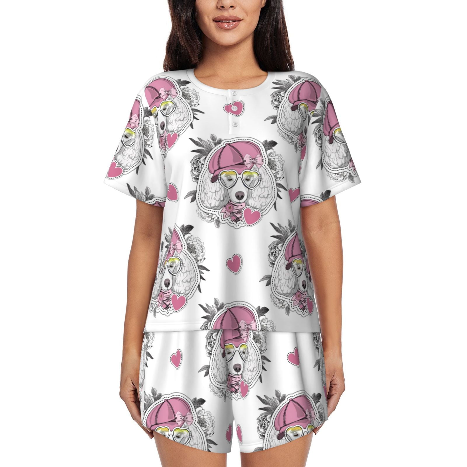 Daiia Cartoon Poodle Dog Pattern Womens Pajama Sets Short Sleeve ...