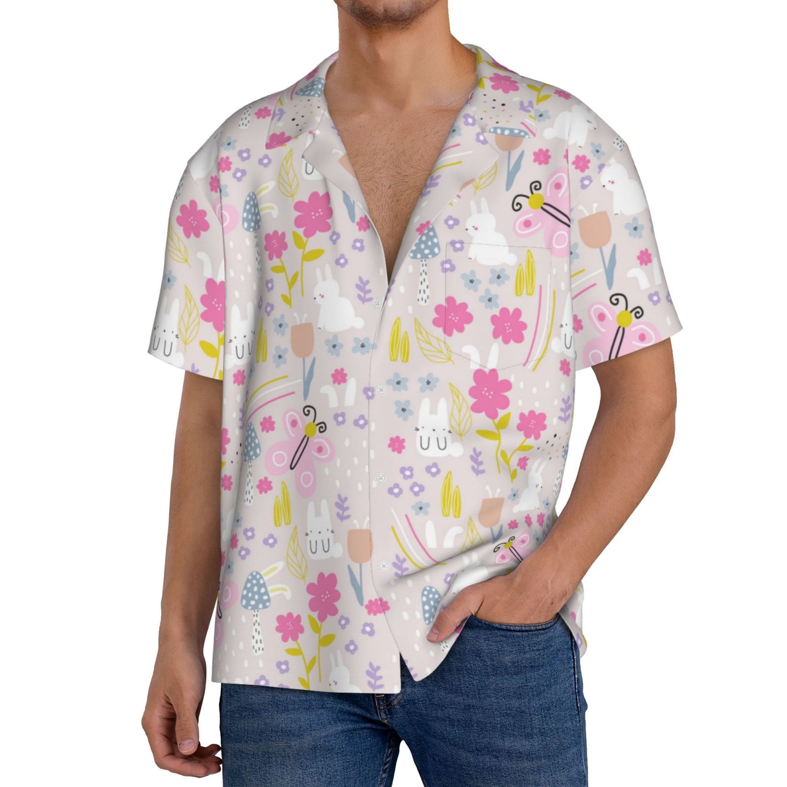 Daiia Cartoon Rabbit And Butterfly Men's Linen Shirts Short Sleeve ...