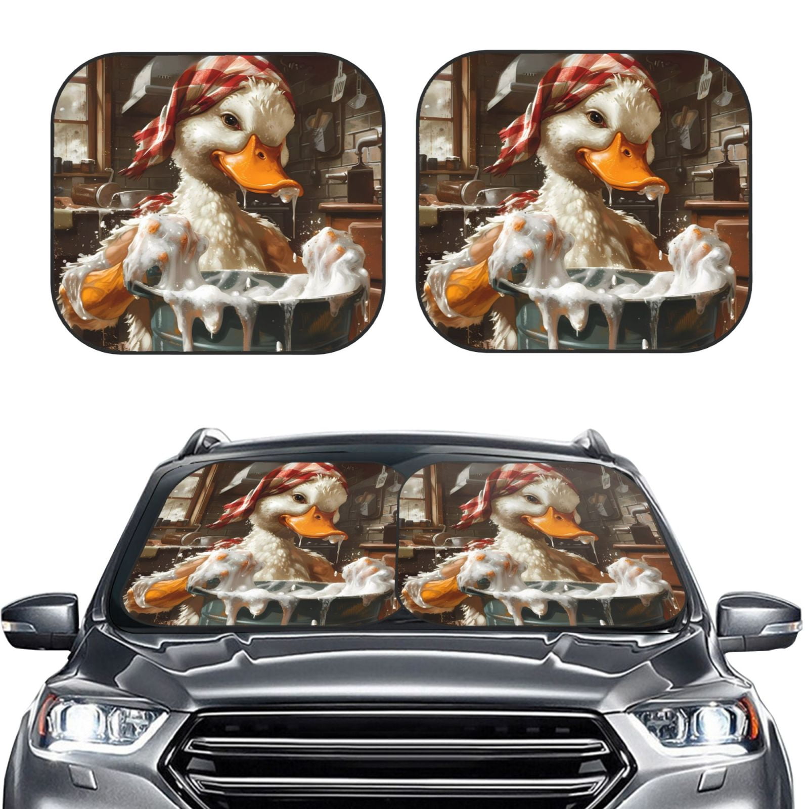 Daiia Cartoon Scottish Duck 2PCS Car Windshield Sun Shade, Foldable Sun ...