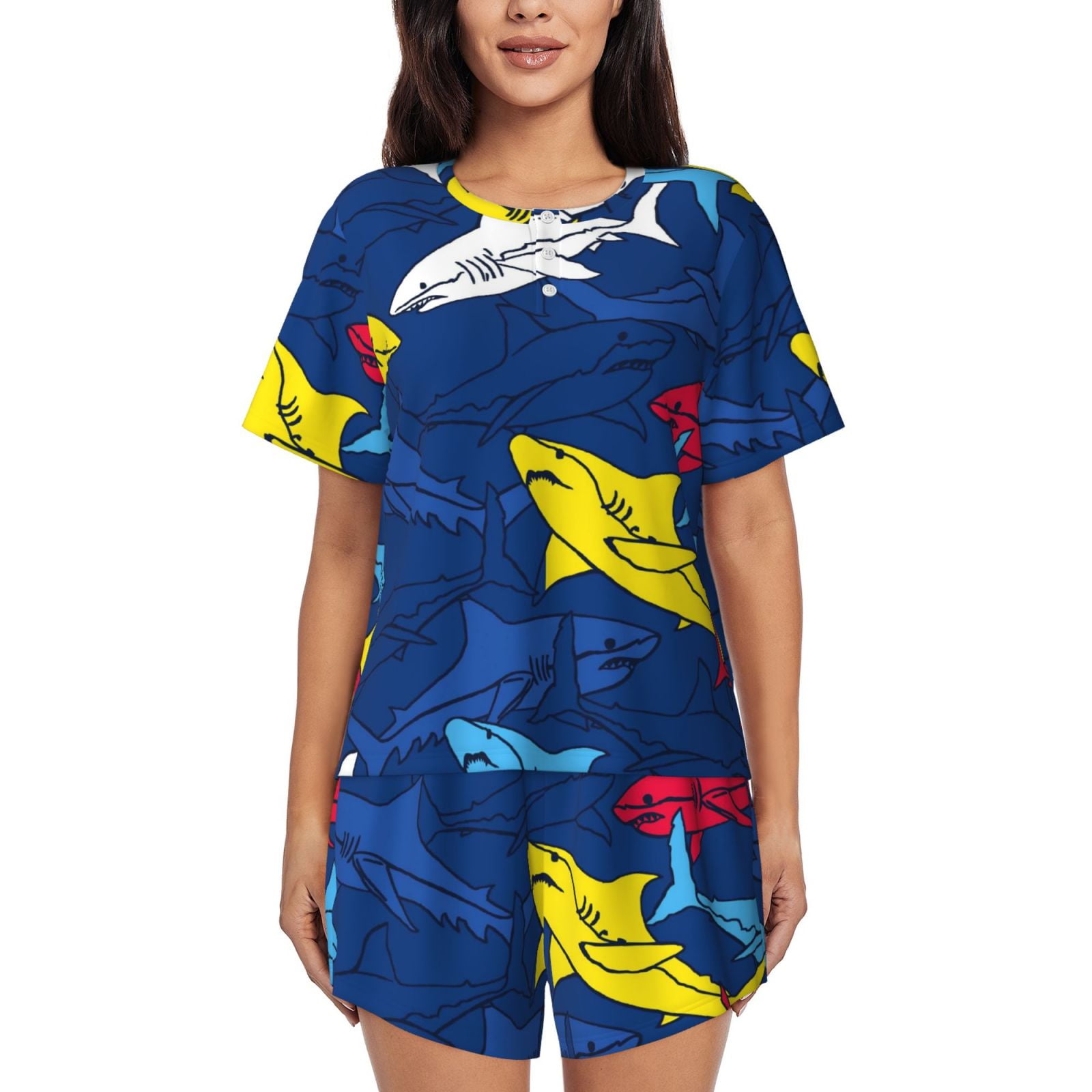 Daiia Cartoon Shark Pattern Womens Pajama Sets Short Sleeve Pajamas for ...
