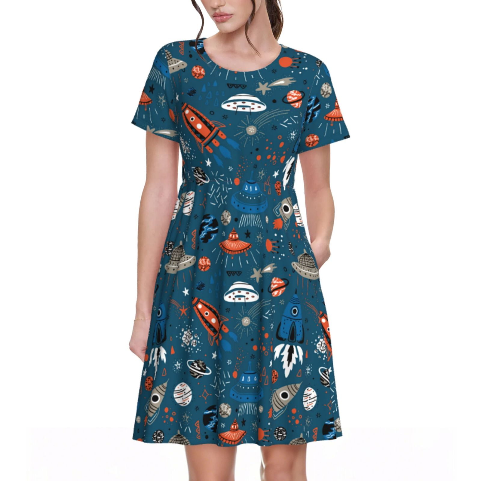 Daiia Cartoon Space1 Print Women's Dresses 2025 Trendy Short sleeve ...