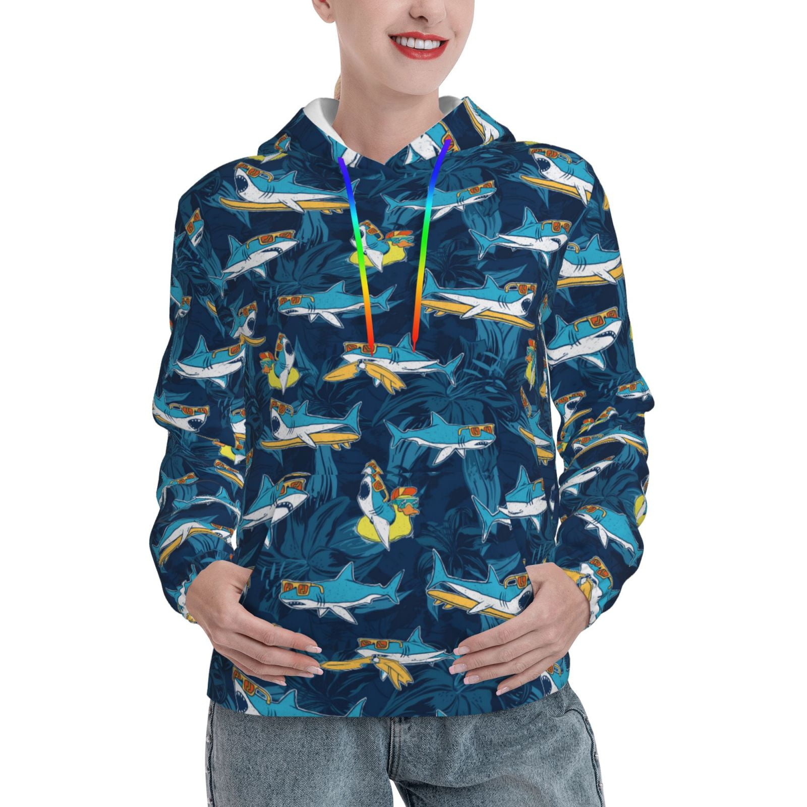 Daiia Cartoon Surfer Sharks Pattern Women's Fashion Hoodies ...
