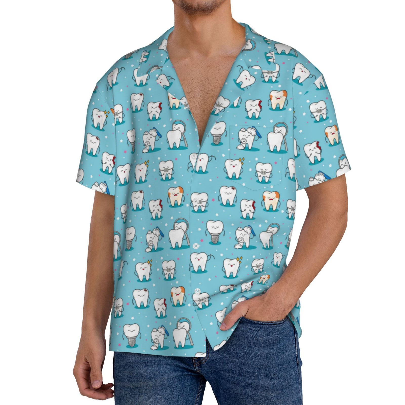 Daiia Cartoon Teeth Men's Linen Shirts Short Sleeve Casual Shirts ...