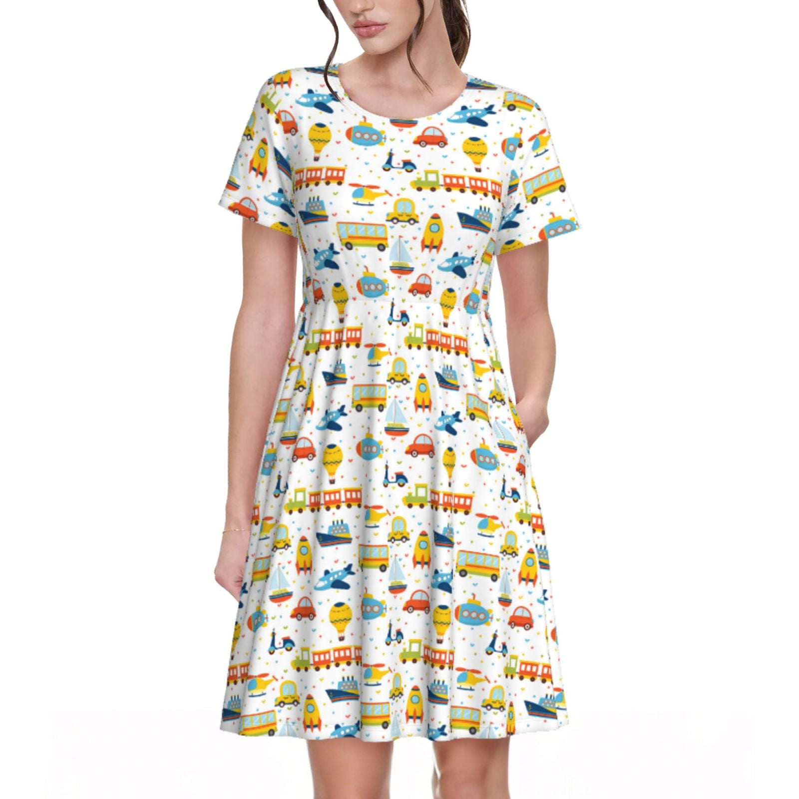 Daiia Cartoon Transport Print Women's Dresses 2025 Trendy Short sleeve ...