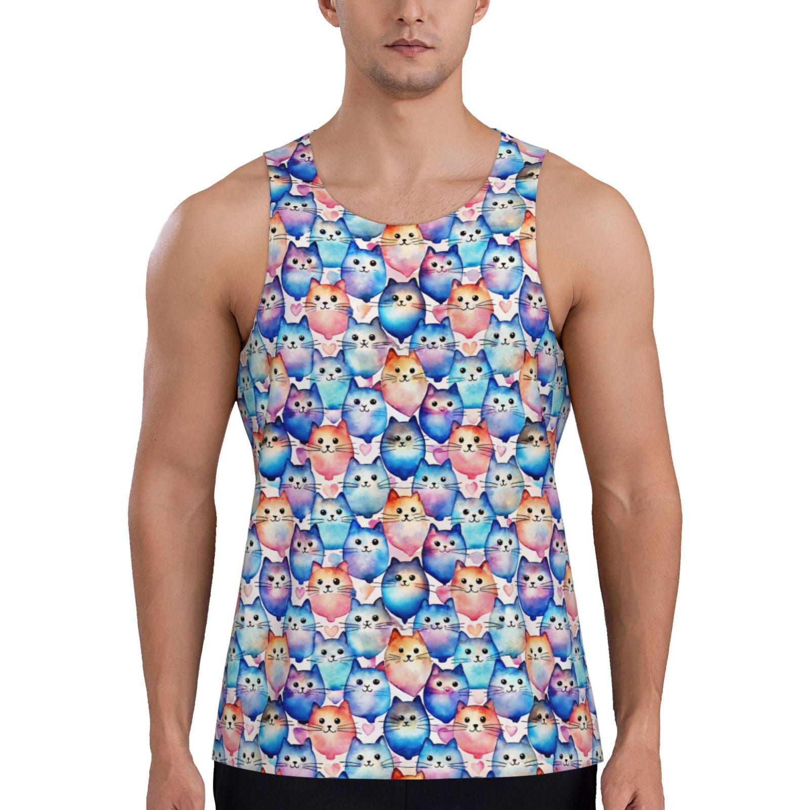 Daiia Cartoon colorful cute cat Printed Men's Quick Dry Fit Muscle Tank ...