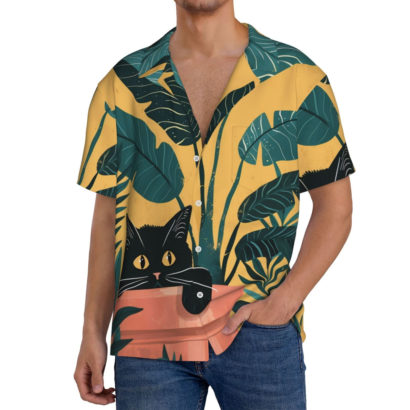Daiia Cat Hiding In Potted Plants Men's Linen Shirts Short Sleeve ...