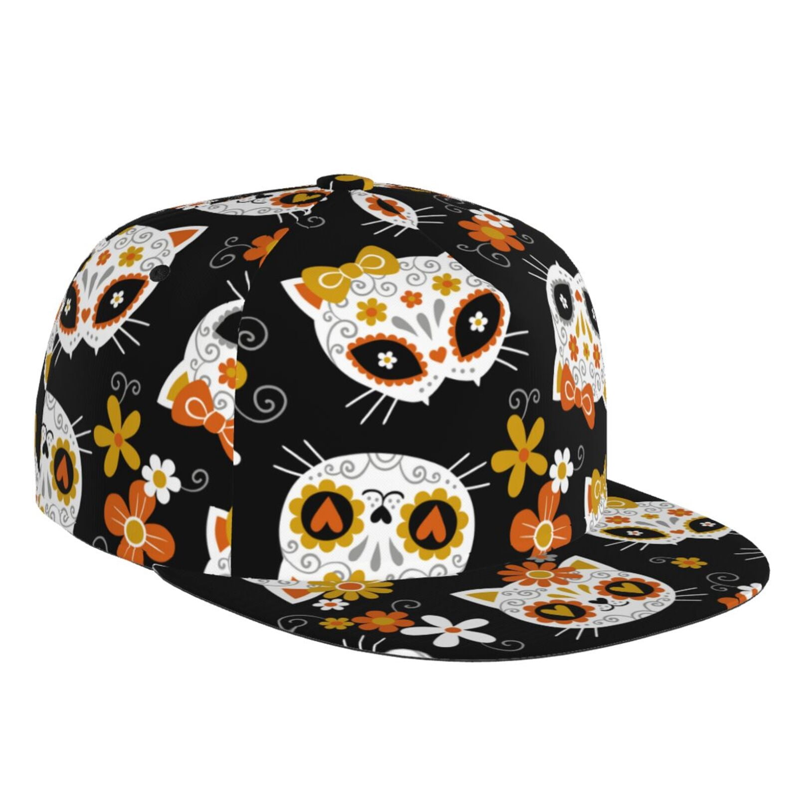 Daiia Cat Skulls and Flowers print Flat Bill Hats Flat Brim Trucker Cap ...