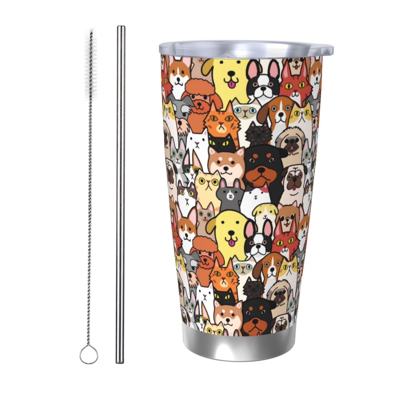 Daiia Cats & Dogs Group Printed 20oz Insulated Coffee Cup with Straw ...