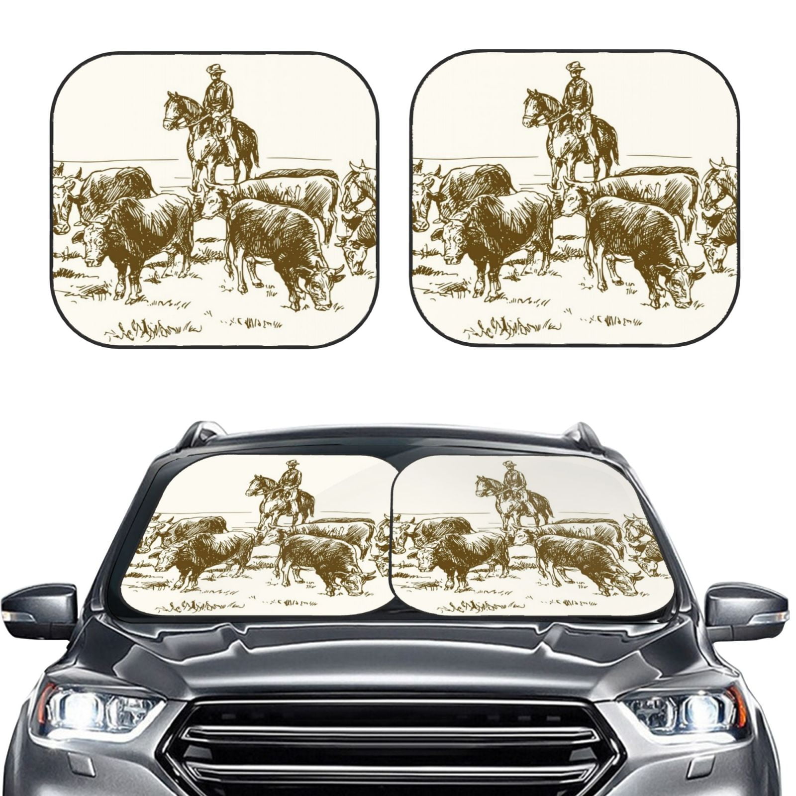 Daiia Cattle Drive By Two Cowboys 2PCS Car Windshield Sun Shade ...