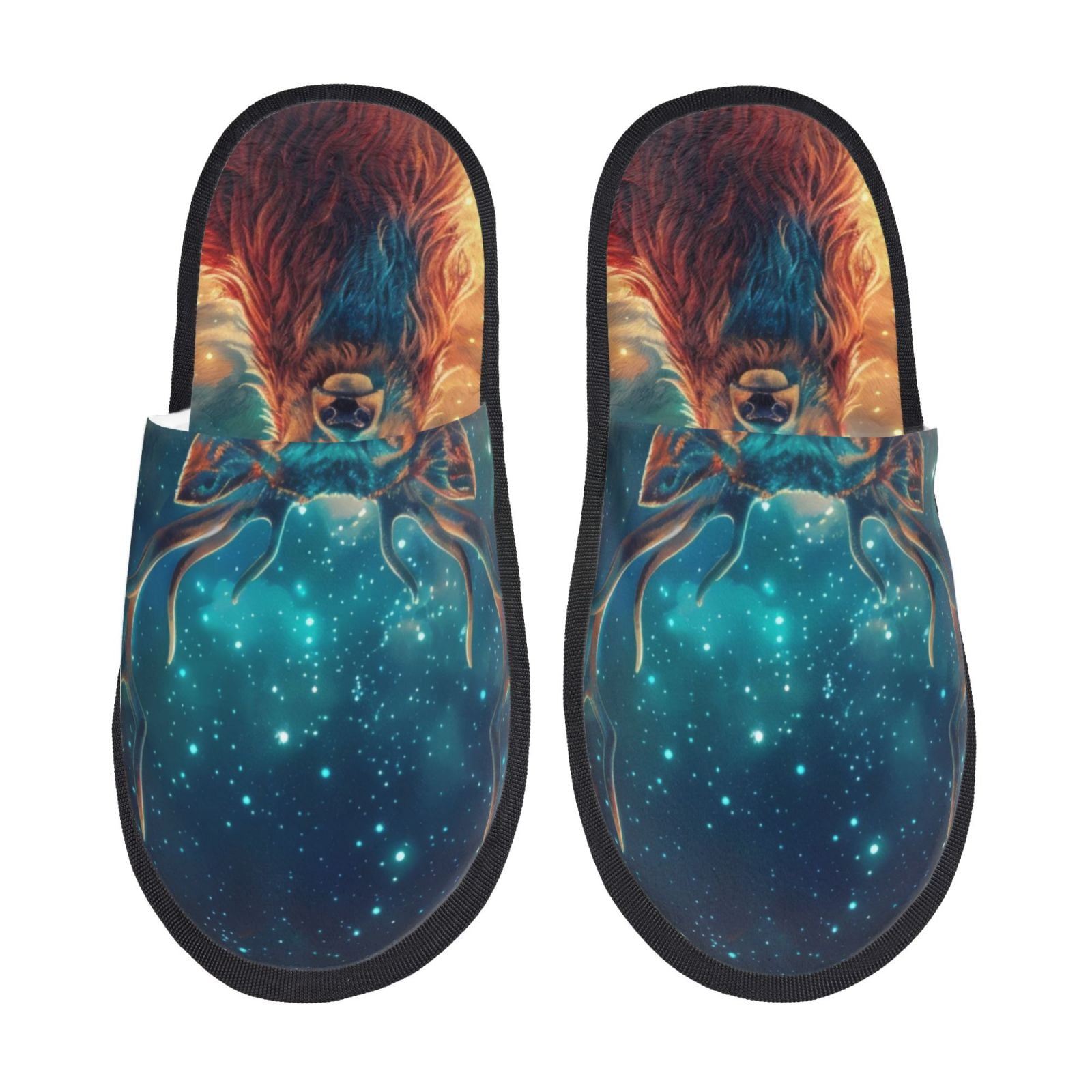 Daiia Celestial Stag Cosmic Glow Pattern Furry Slippers for Women and ...