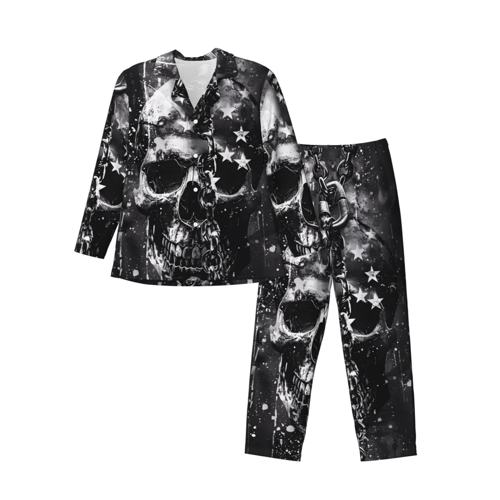 Daiia Chained Skull Artwork for Men's Long-Sleeved Pajama Set – Soft ...