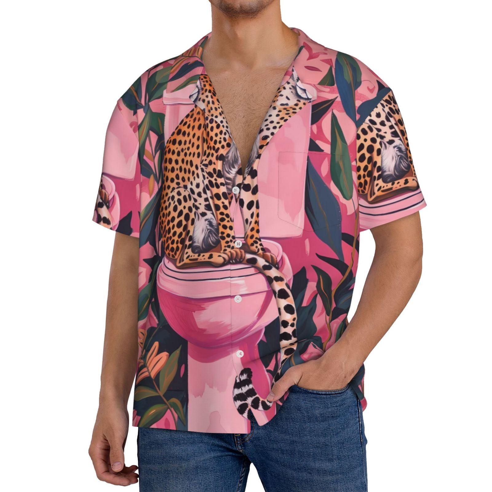 Daiia Cheetah On Toilet Humor Art Men's Linen Shirts Short Sleeve ...