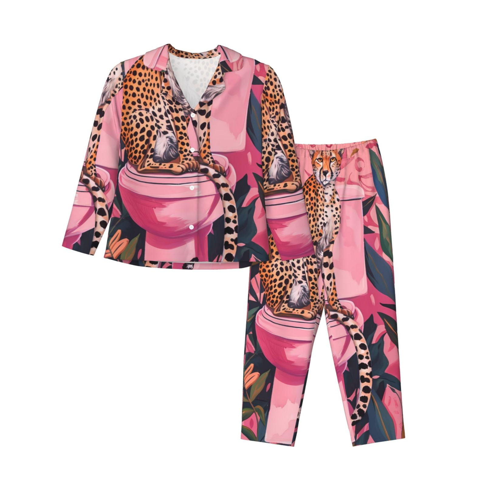 Daiia Cheetah On Toilet Humor Art for Women's Long-Sleeved Pajama Set ...