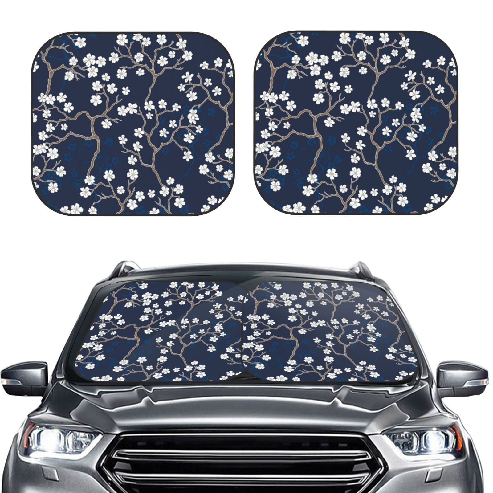 Daiia Cherry Blossoms on Navy Background 2PCS Car Windshield Sun Shade ...