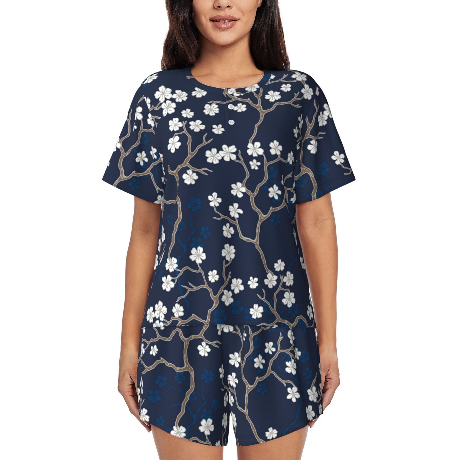 Daiia Cherry Blossoms on Navy Background Pattern Womens Pajama Sets ...
