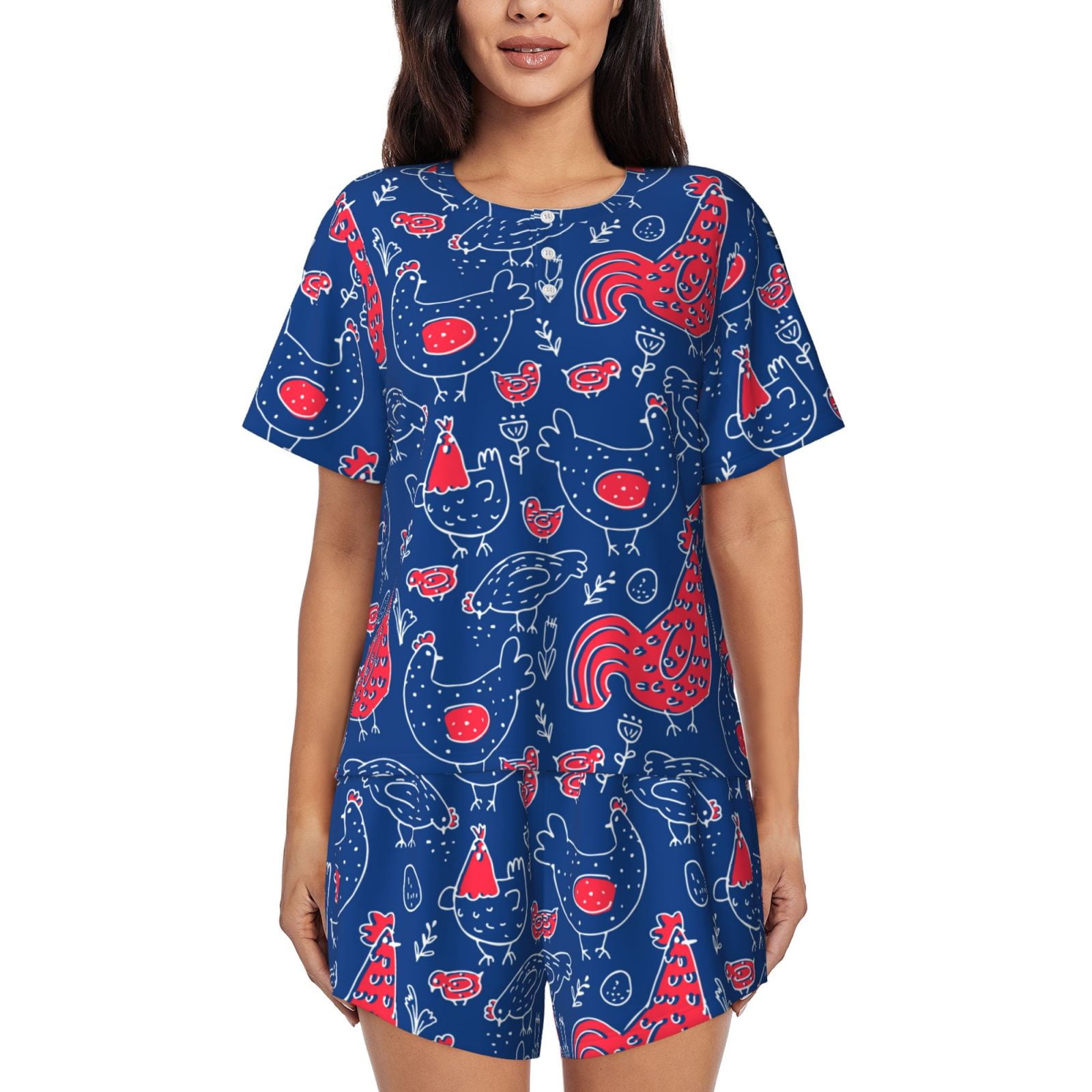 Daiia Chicken and Rooster Pattern Womens Pajama Sets Short Sleeve ...