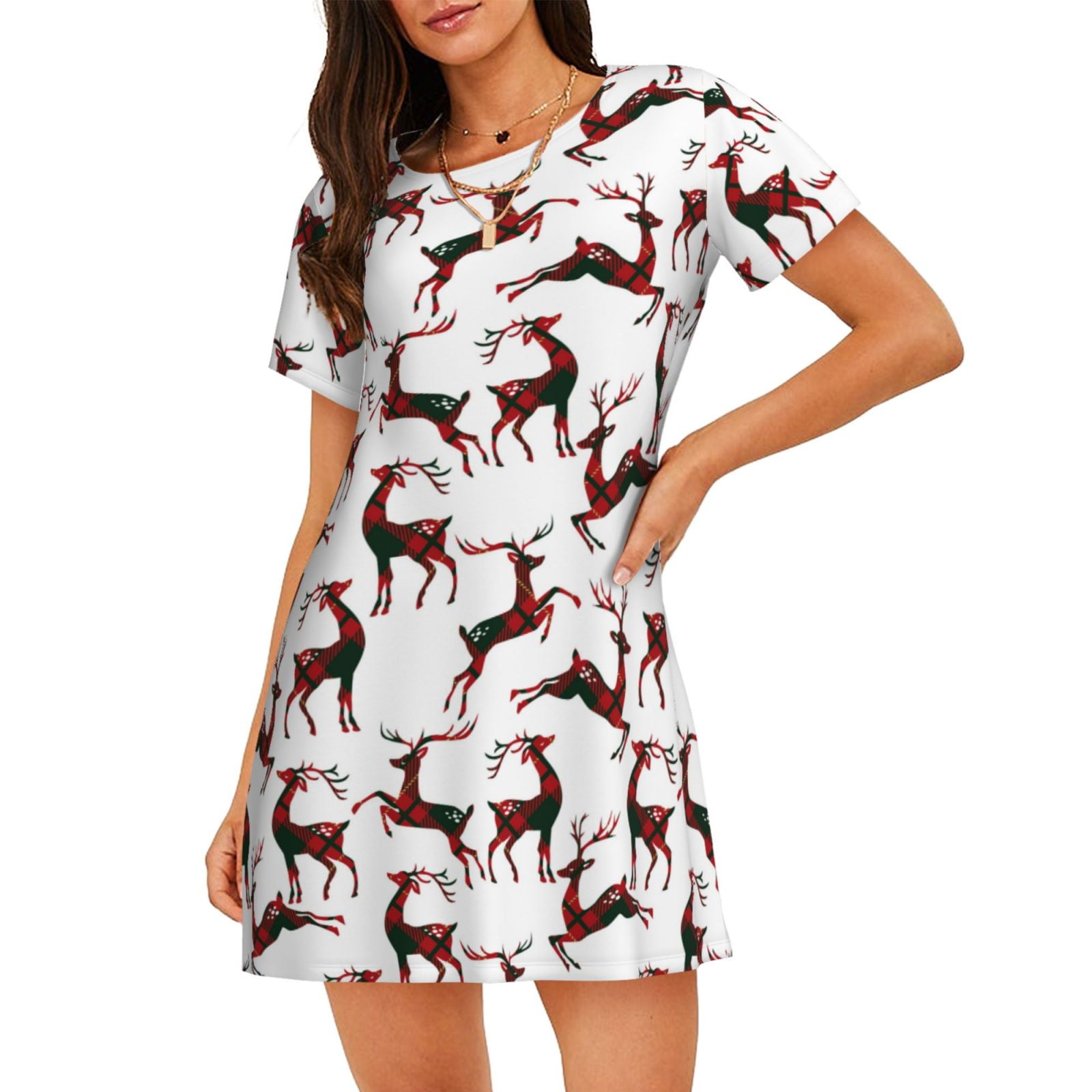 Daiia Christmas Plaid Moose Print Women's Nightshirt Soft Nightgowns ...