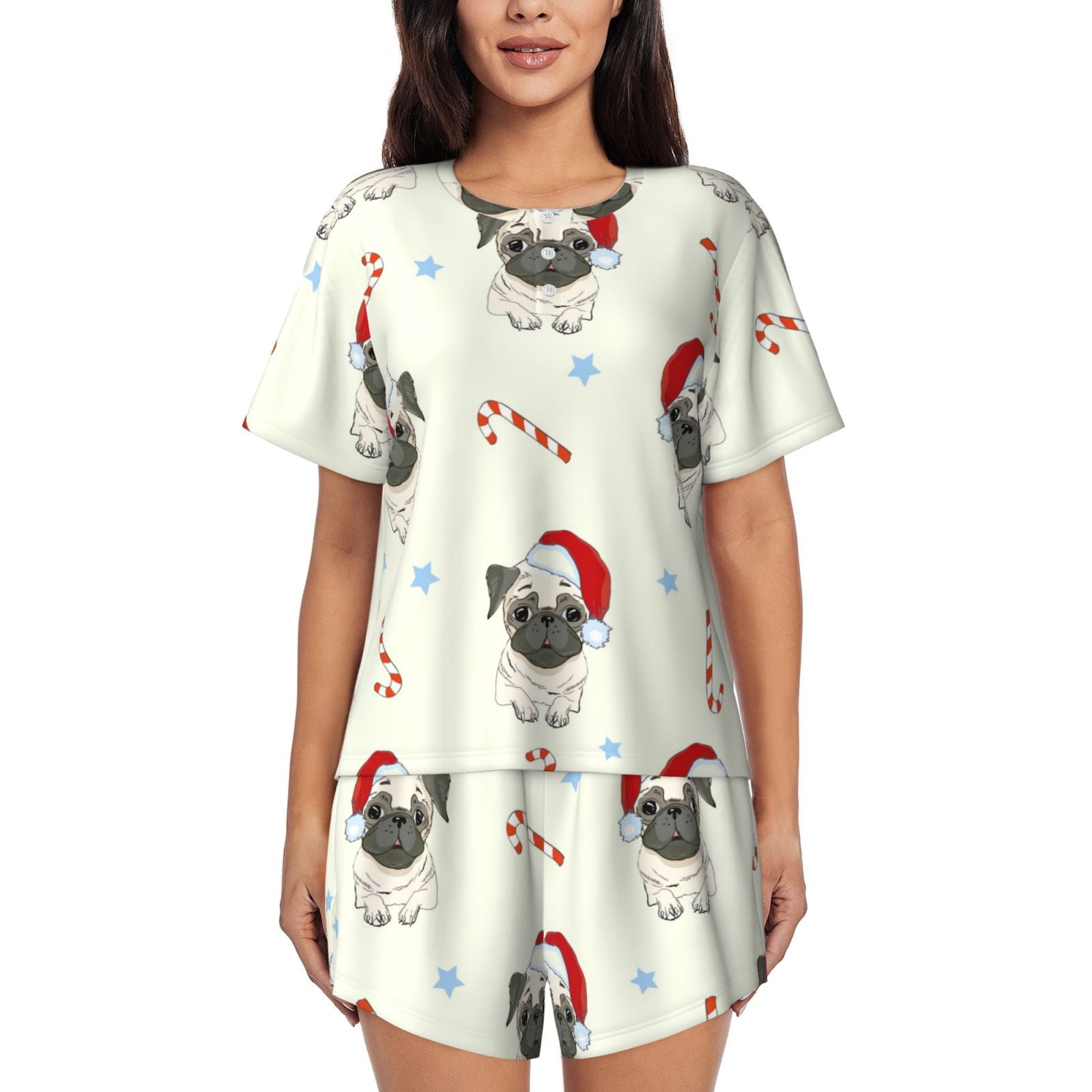 Daiia Christmas Pug Dog Pattern Womens Pajama Sets Short Sleeve Pajamas ...