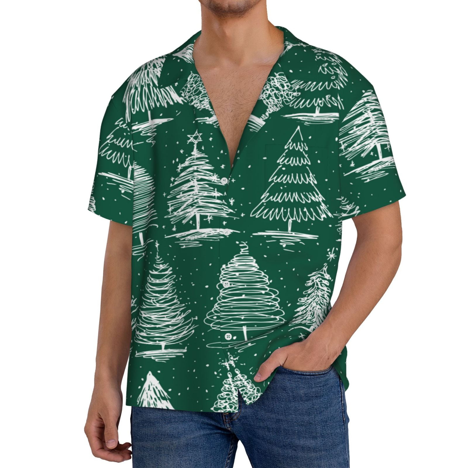 Daiia Christmas Trees Men's Linen Shirts Short Sleeve Casual Shirts ...