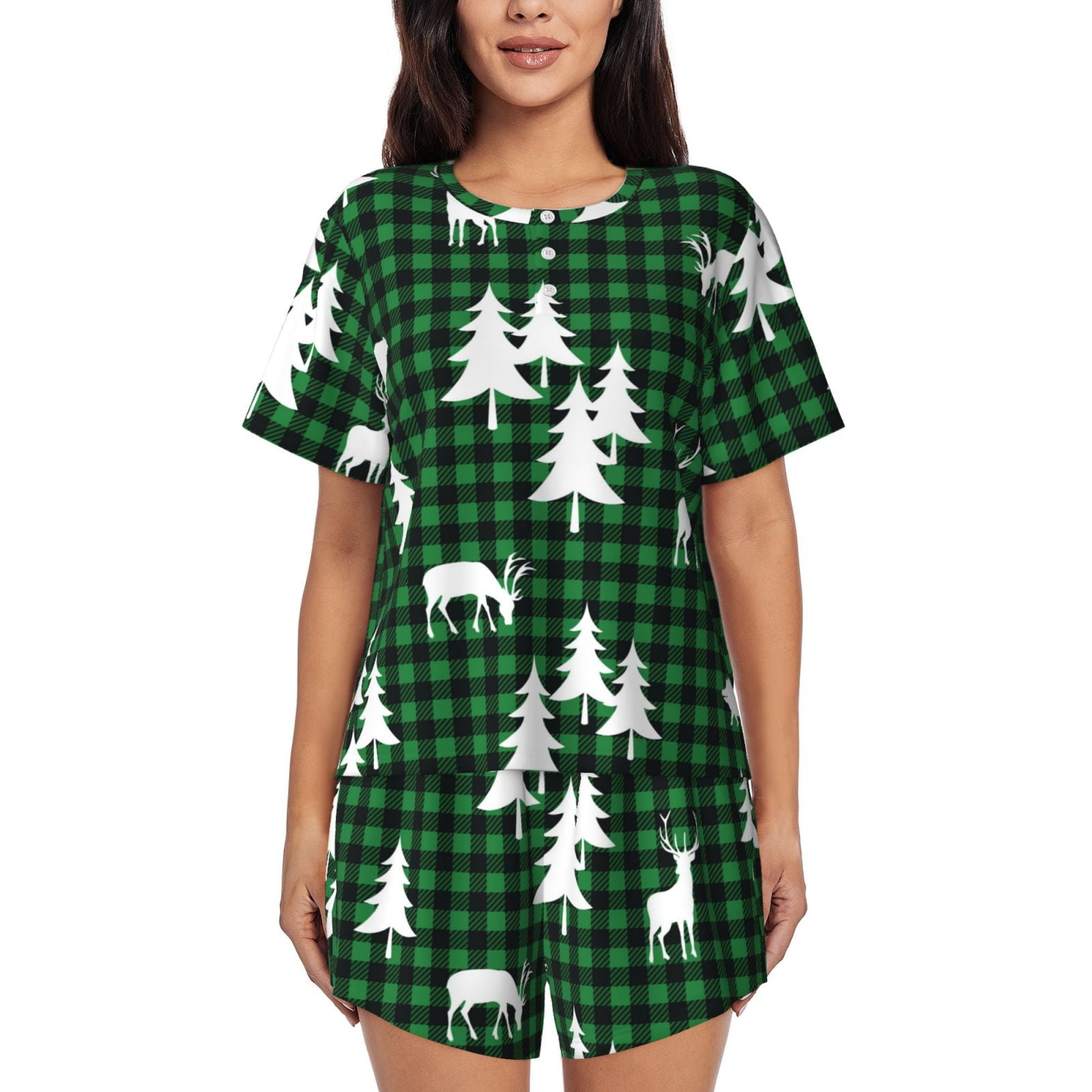 Daiia Christmas tree green plaid Pattern Womens Pajama Sets Short ...
