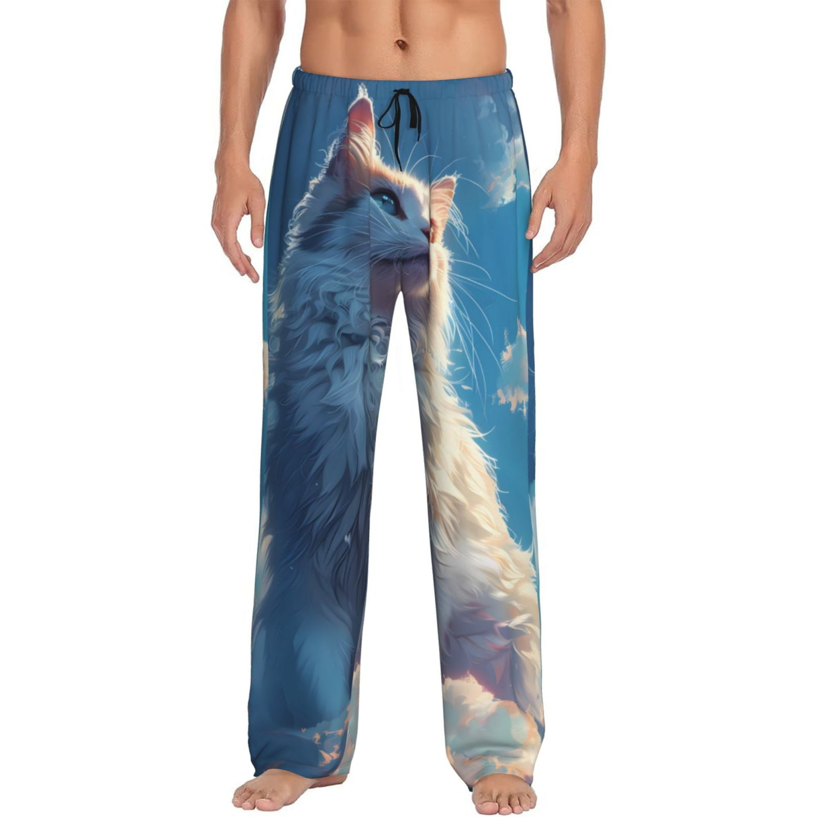 Daiia Clear Sky Blue Cat Men's Sleep Pant with Pockets and Drawstring ...