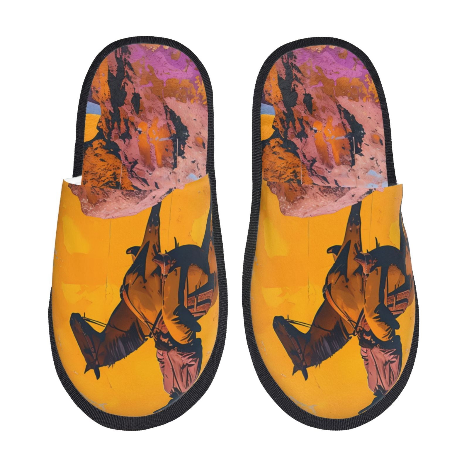Daiia Cliff Western Cowboy Pattern Furry Slippers for Women and Men ...