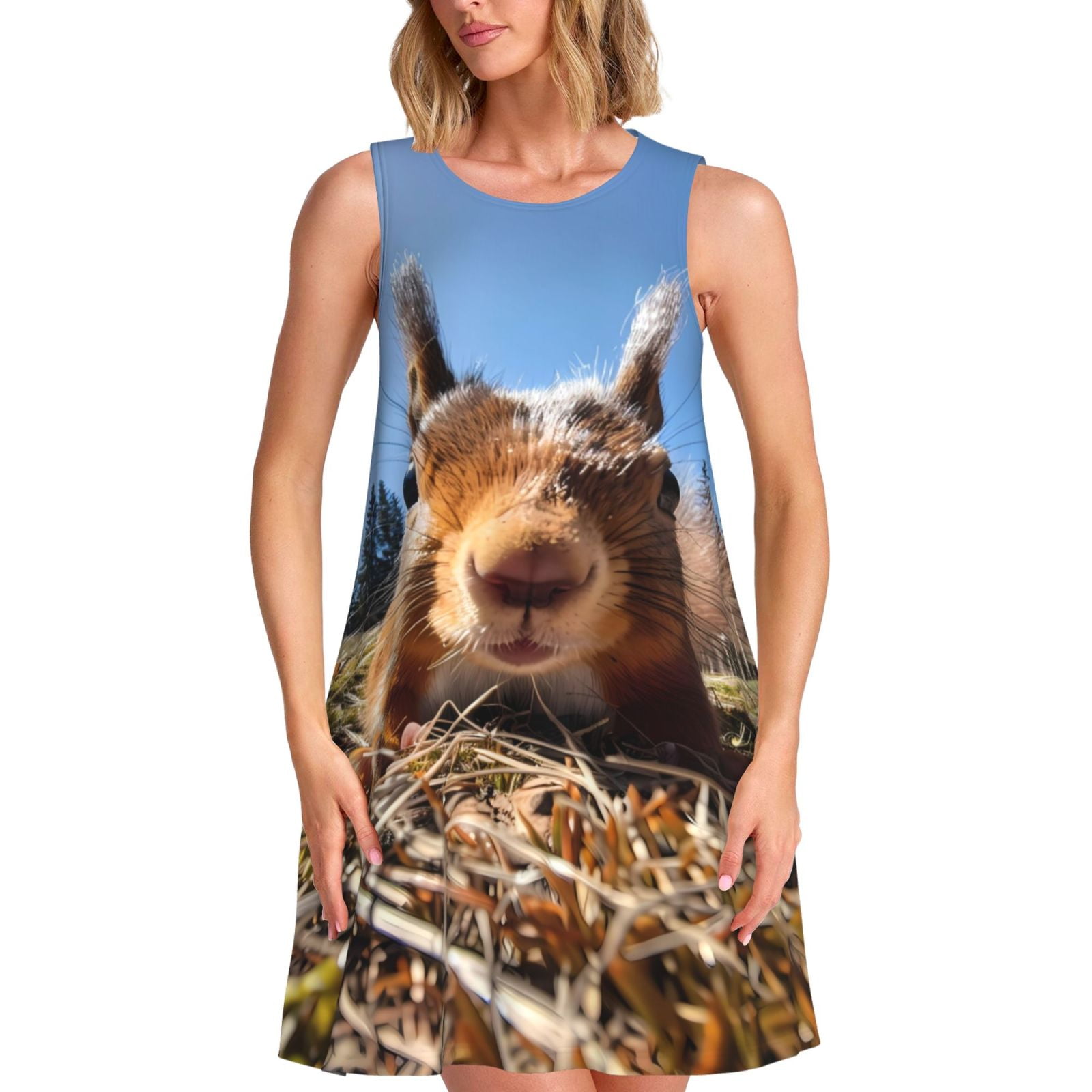 Daiia Close-Up Curious Squirrel Print Women's Dresses 2025 Trendy Short ...