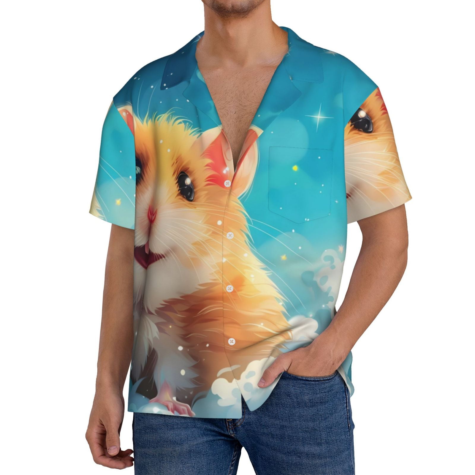 Daiia Cloud Cute Hamster Men's Linen Shirts Short Sleeve Casual Shirts Button Down Shirt for Men ...