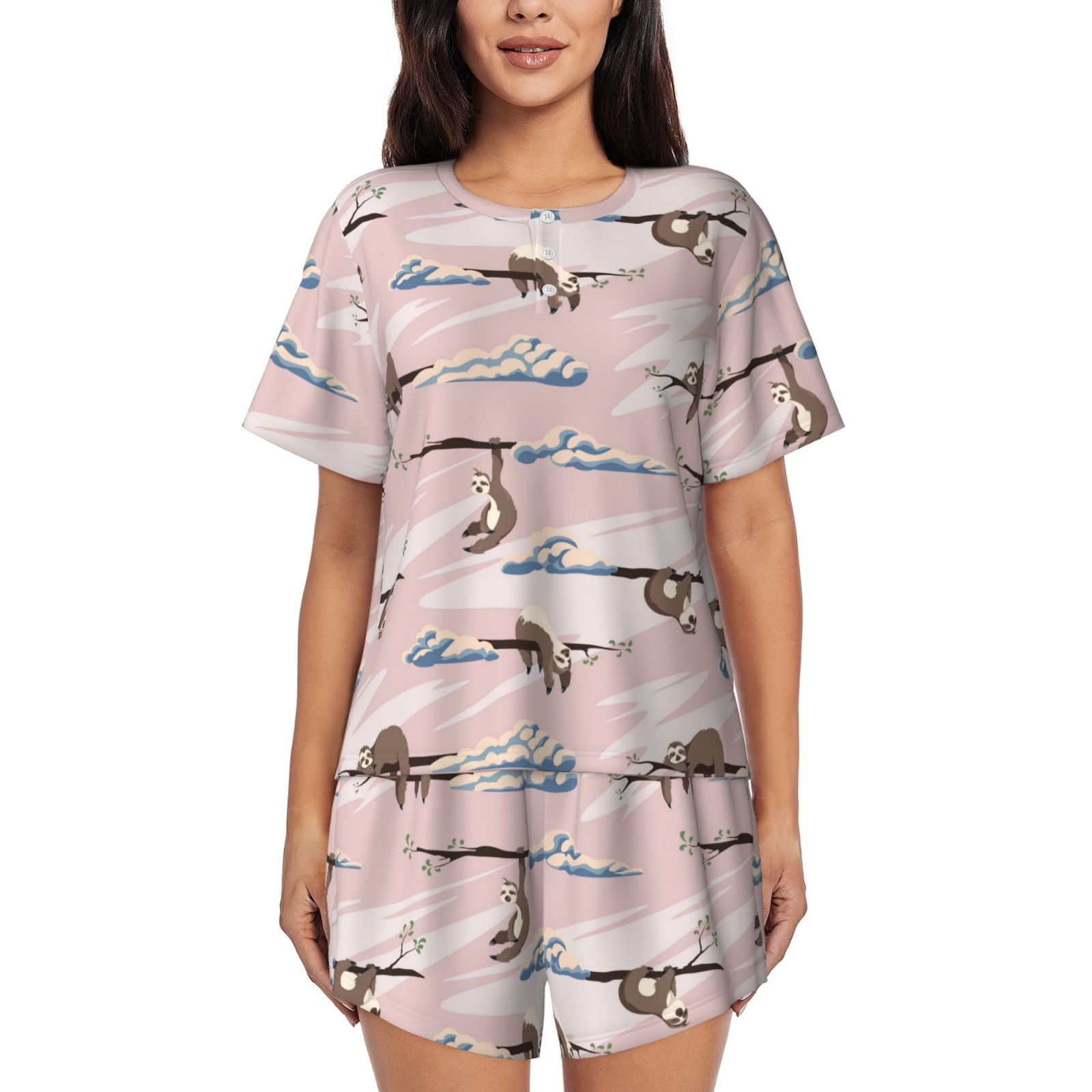 Daiia Cloud Sloth Pattern Womens Pajama Sets Short Sleeve Pajamas for ...