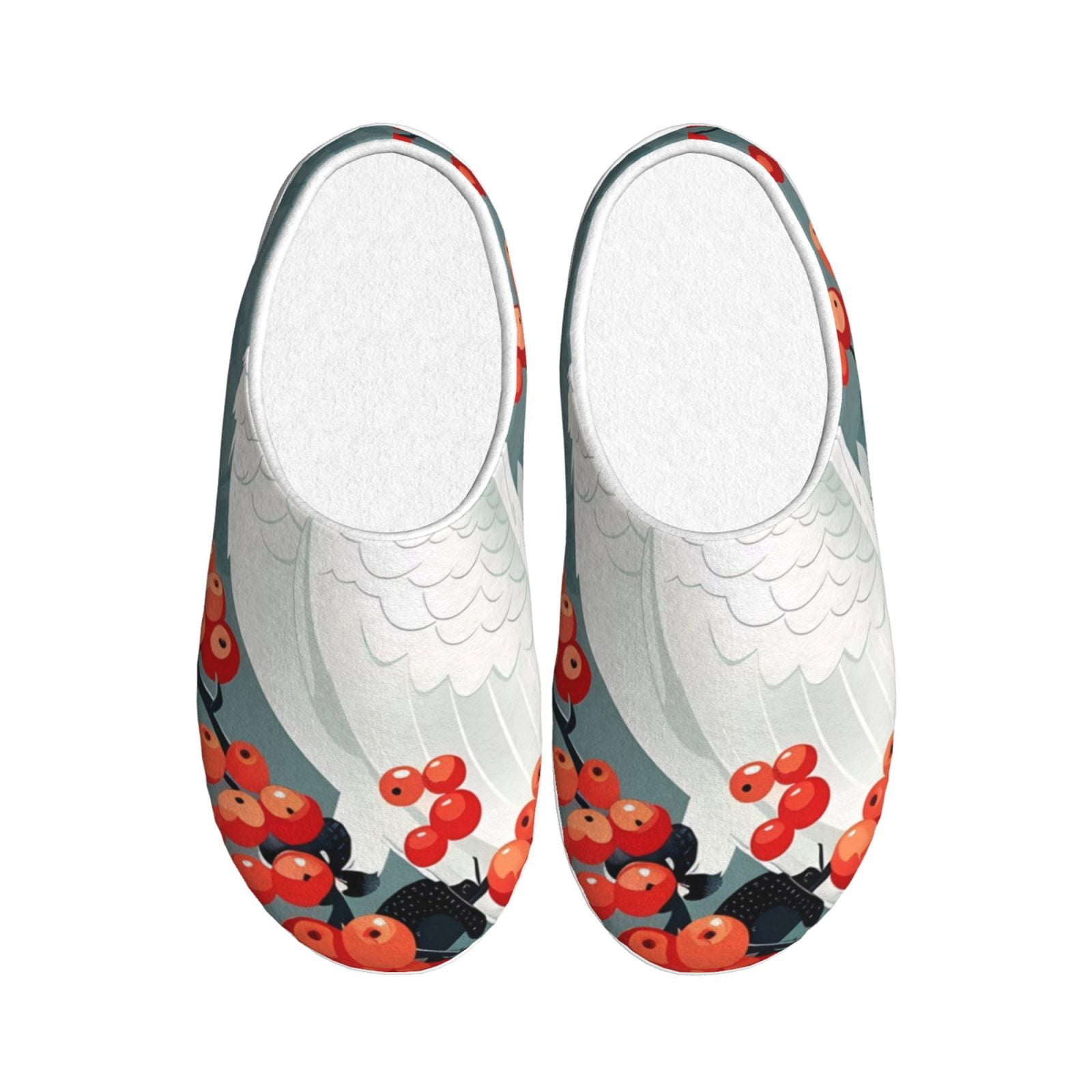 Daiia Cockatoo Red Berries Print Women’s Fuzzy Slippers Memory Foam ...