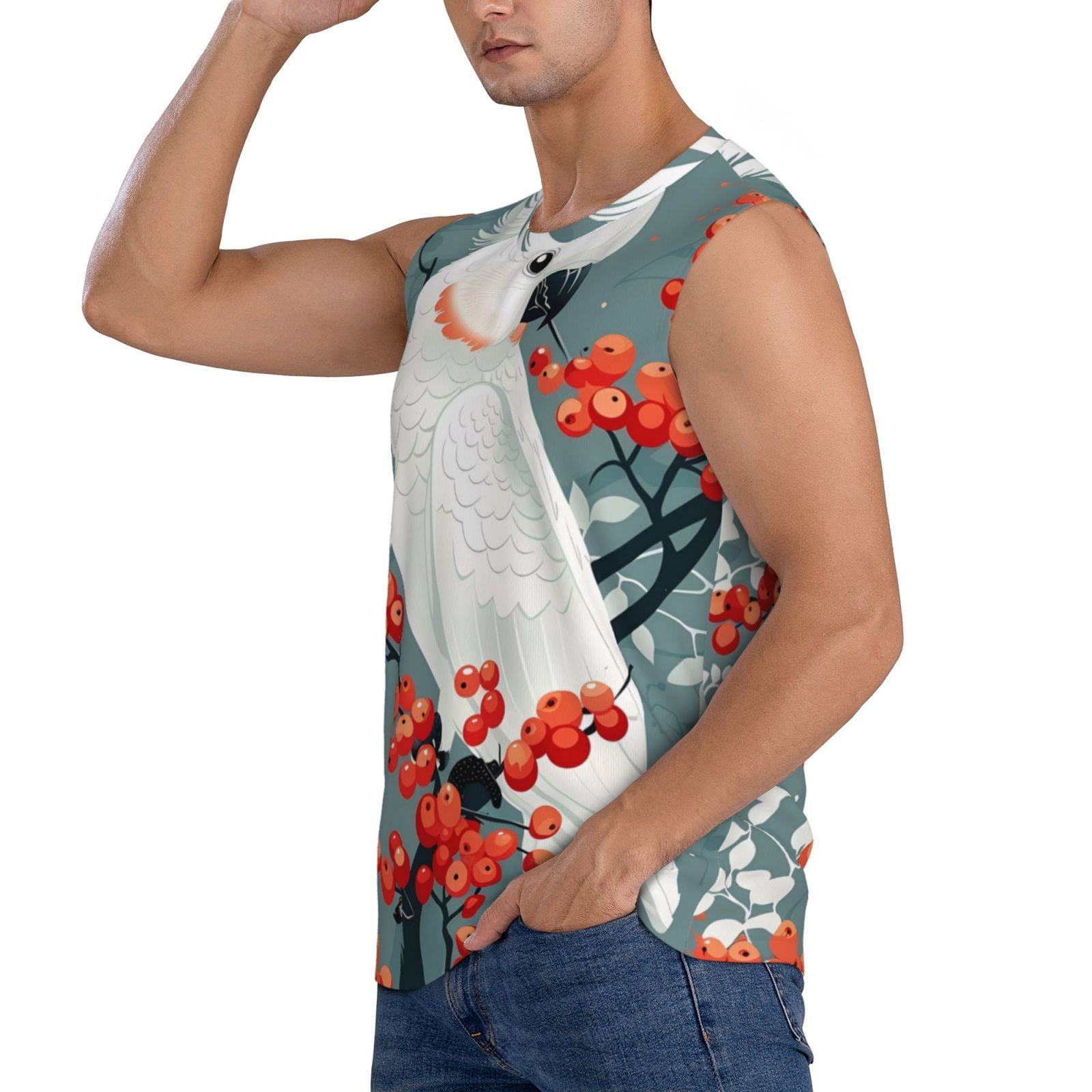 Daiia Cockatoo Red Berries Printed Men's Tank Tops,Casual Soft ...
